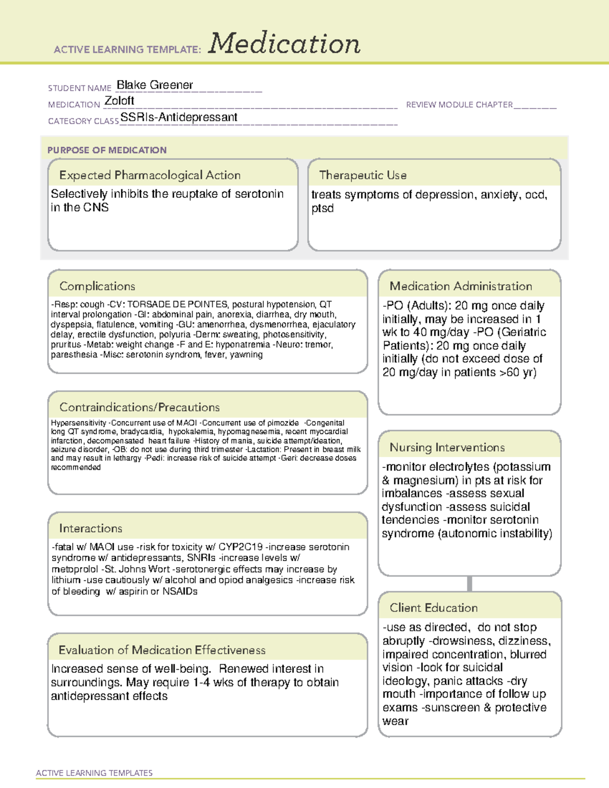 Zoloft Med card - Zolof med ati card - ACTIVE LEARNING TEMPLATES ...