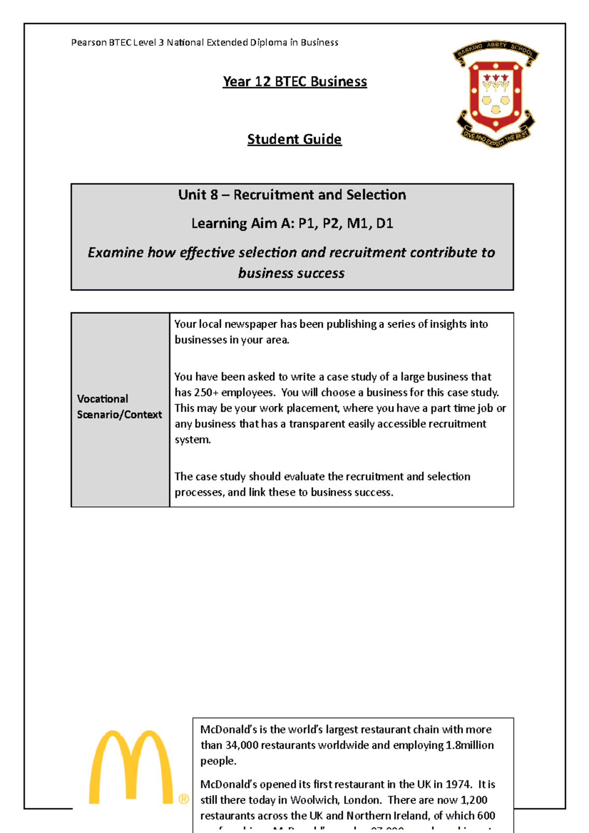 Unit 8 Student Guide - Year 12 BTEC Business Student Guide Unit 8 ...