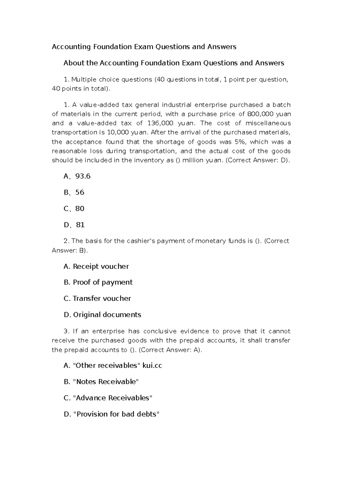 Accounting Foundation Exam Questions and Answers - A value-added tax ...
