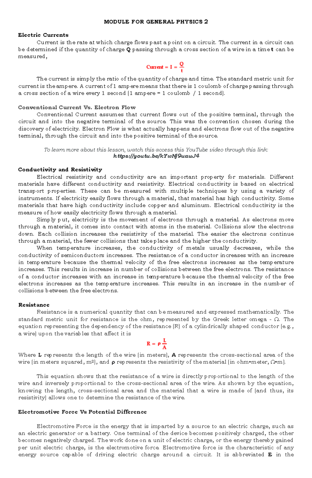 Module FOR General Physics 2 1 - MODULE FOR GENERAL PHYSICS 2 Electric Currents Current is the ...