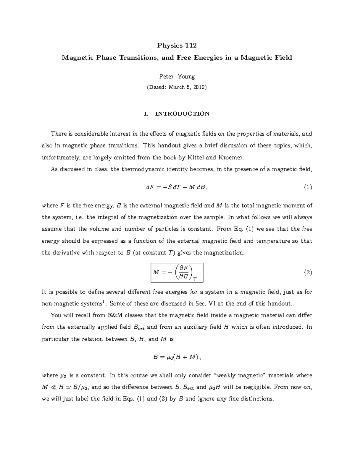 Magnetic Phase Transitions, and Free Energies in a Magnetic Field ...