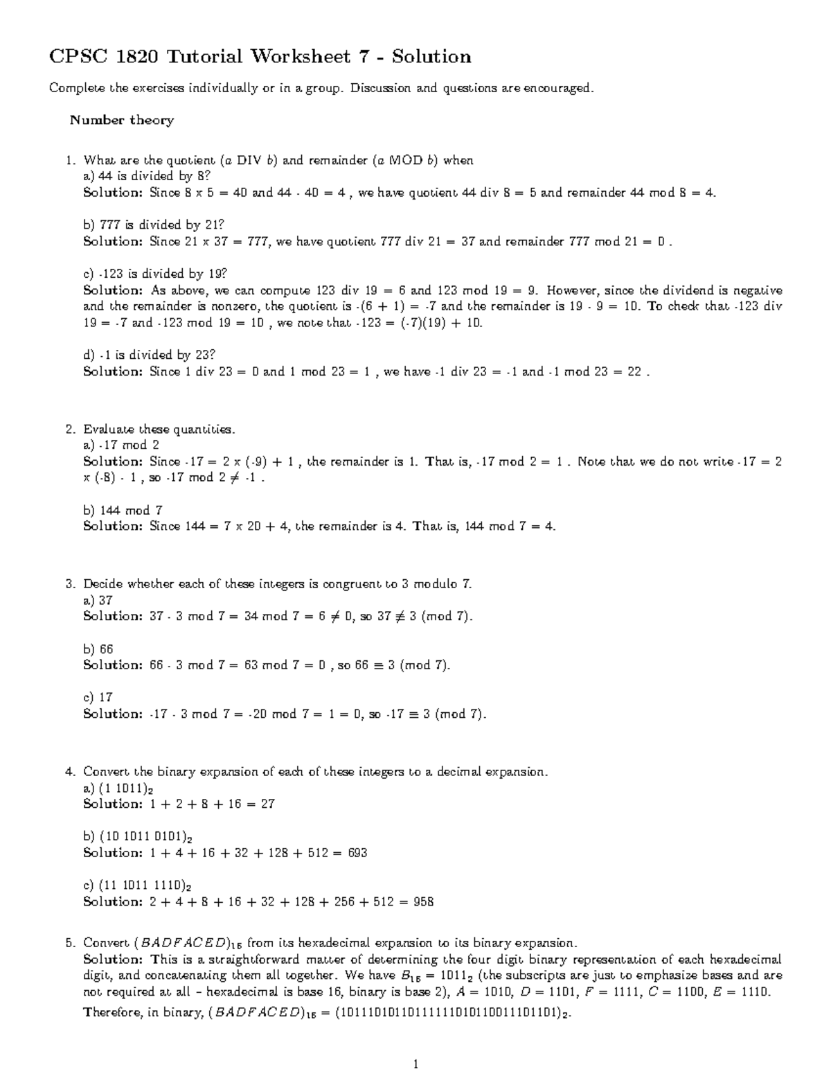 Worksheet 7- Questions and Answers - CPSC 1820 Tutorial Worksheet 7 ...