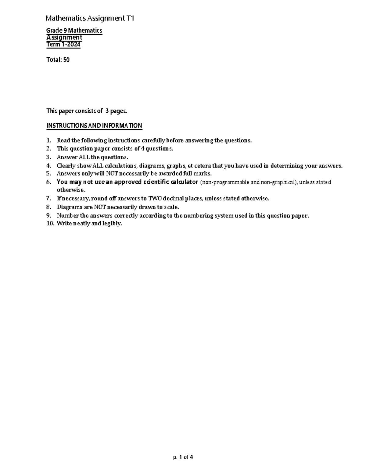 Grade 9 assignment - nnnh - Grade 9 Mathematics Assignment Term 1 ...