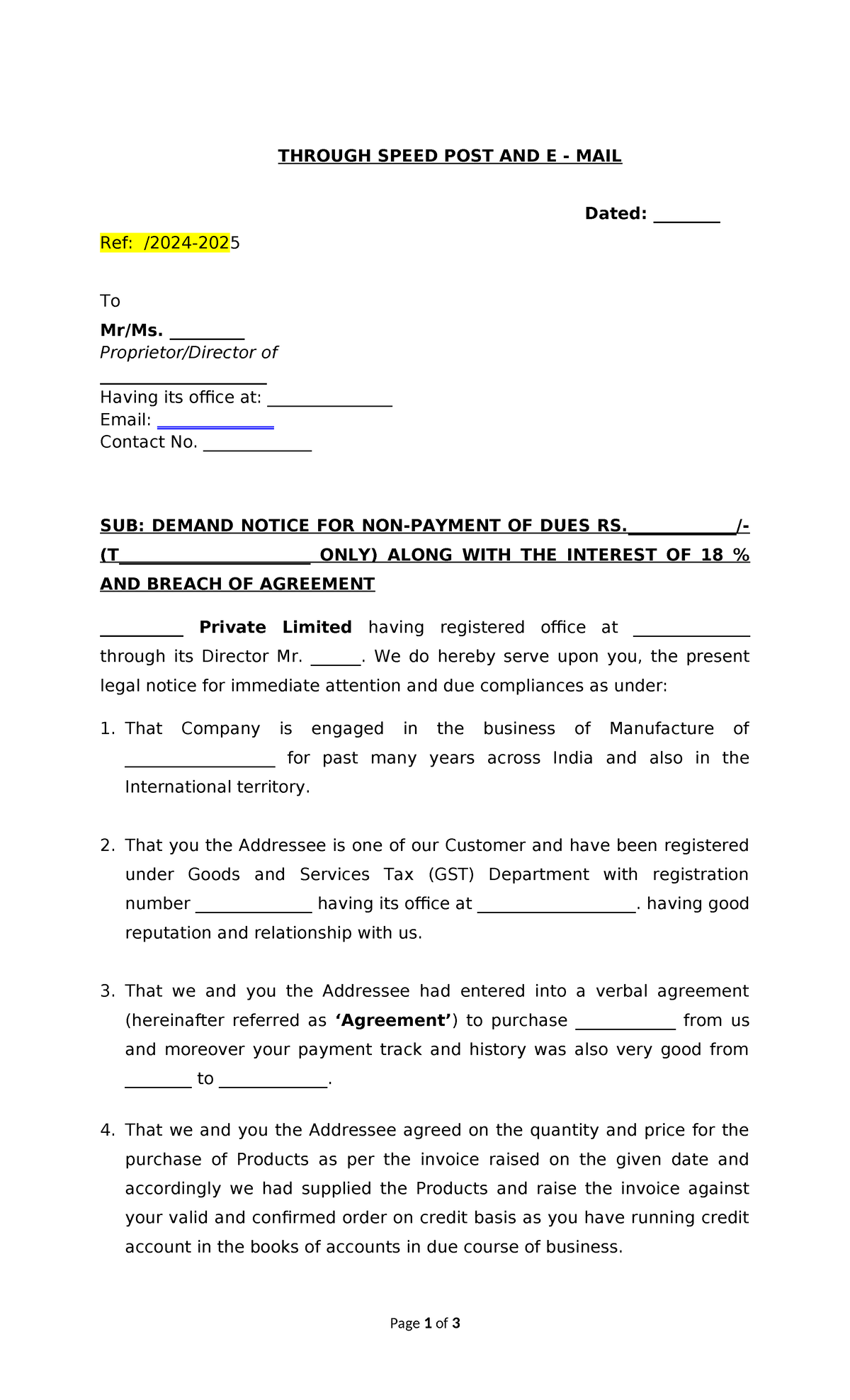 Legal Notice Template - THROUGH SPEED POST AND E - MAIL Dated ...