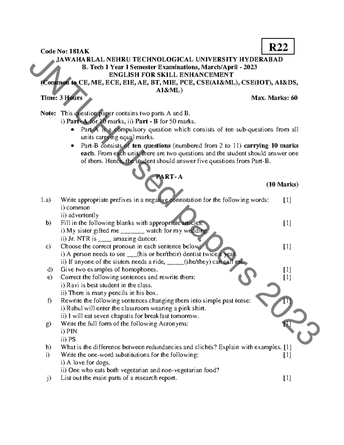 Null-2 - Important used papers - Code No: 181AK JAWAHARLAL NEHRU ...