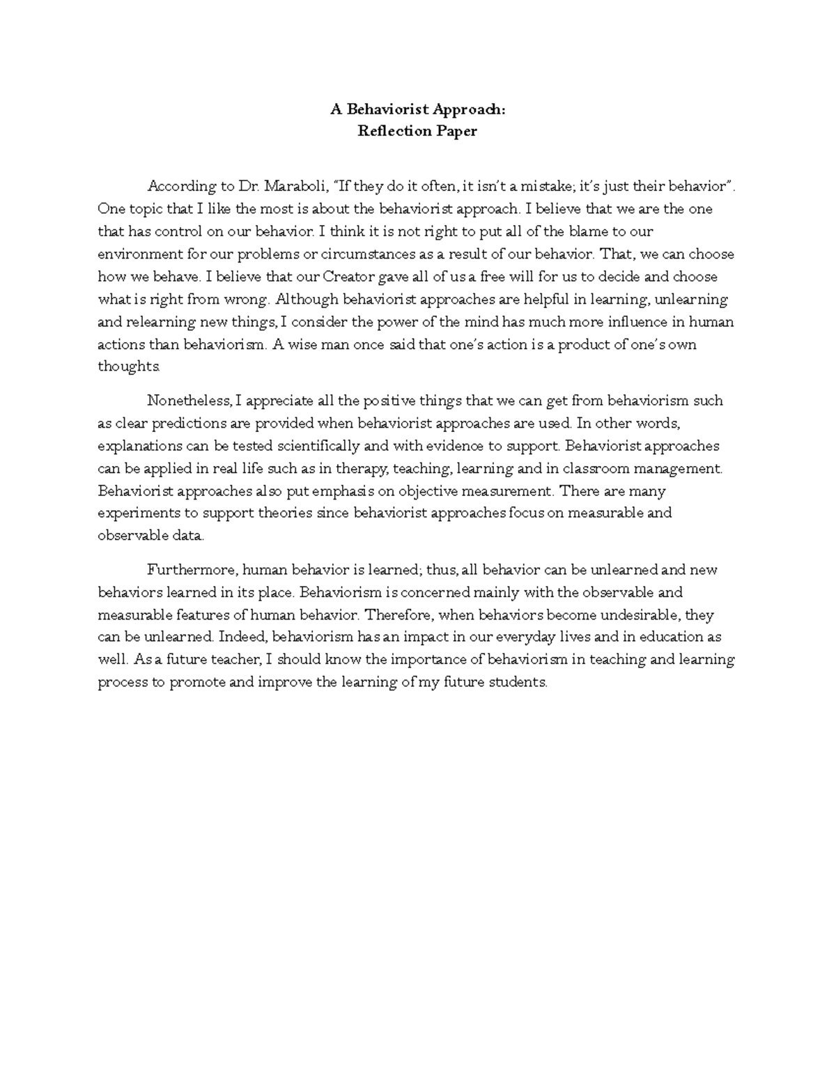 A Behaviorist Approach - A Behaviorist Approach: Reflection Paper ...