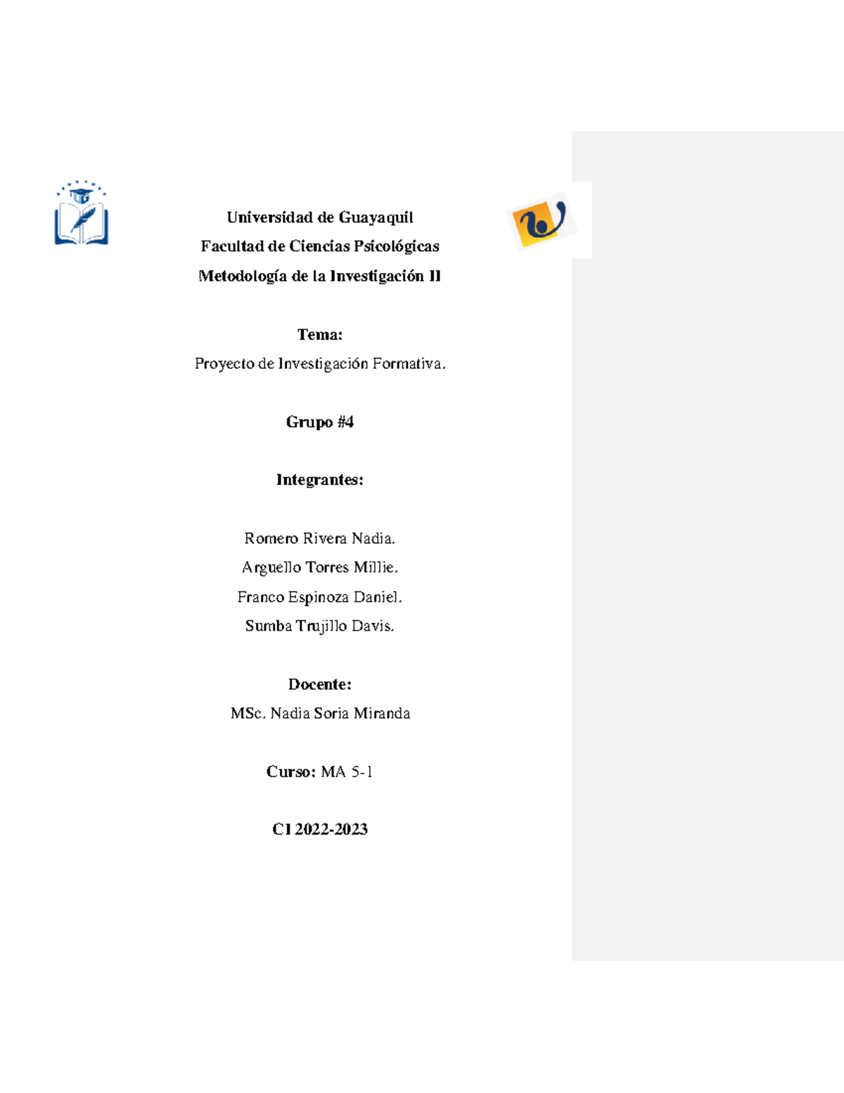 Grupo 4. Avance 5. Proyecto DE Investigación - Universidad de Guayaquil ...