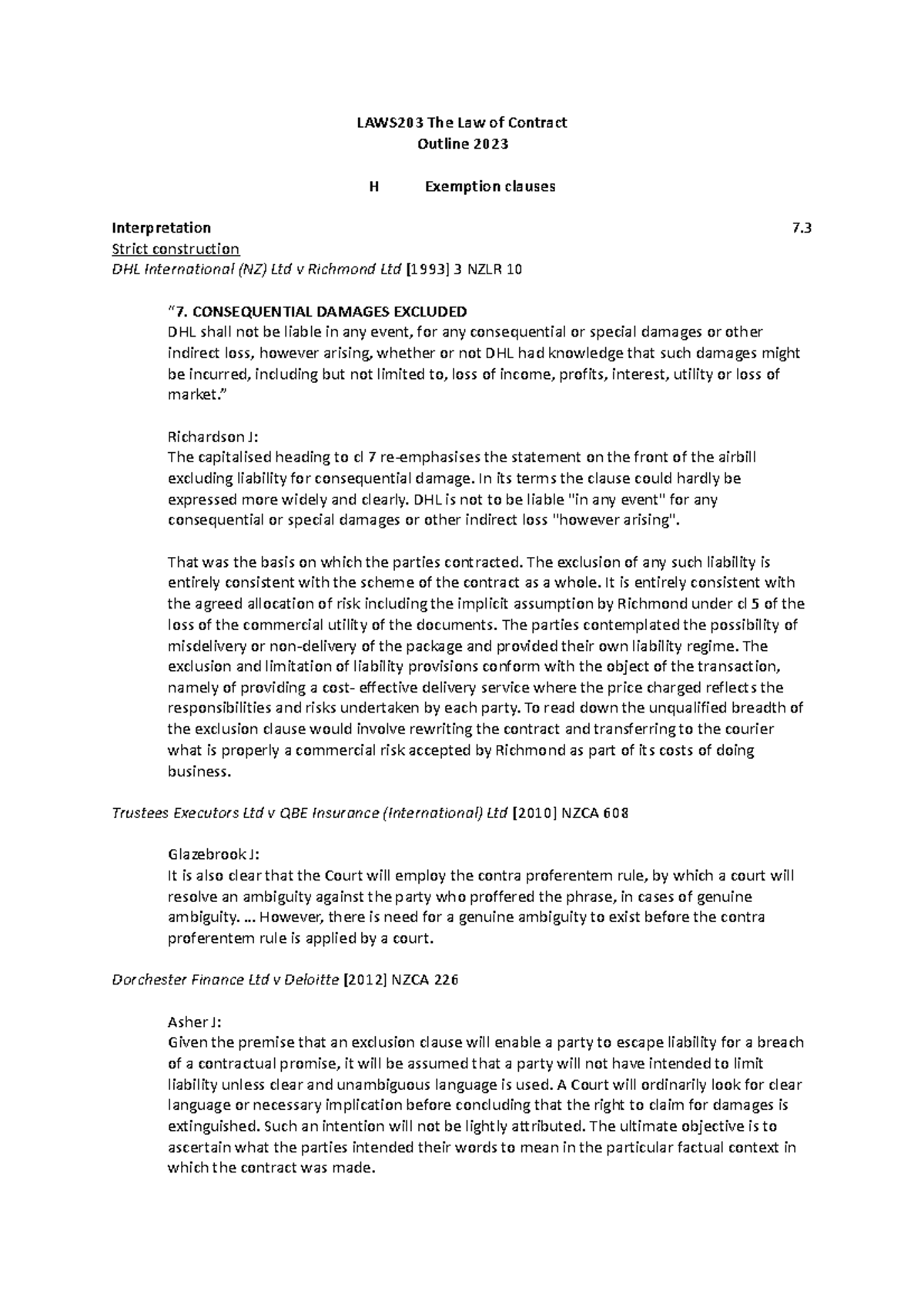 H Exemption clauses - some lecture notes - LAWS203 The Law of Contract ...