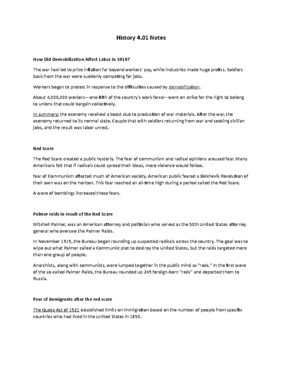 U.S History 4.01 notes - History 4 Notes How Did Demobilization Affect ...