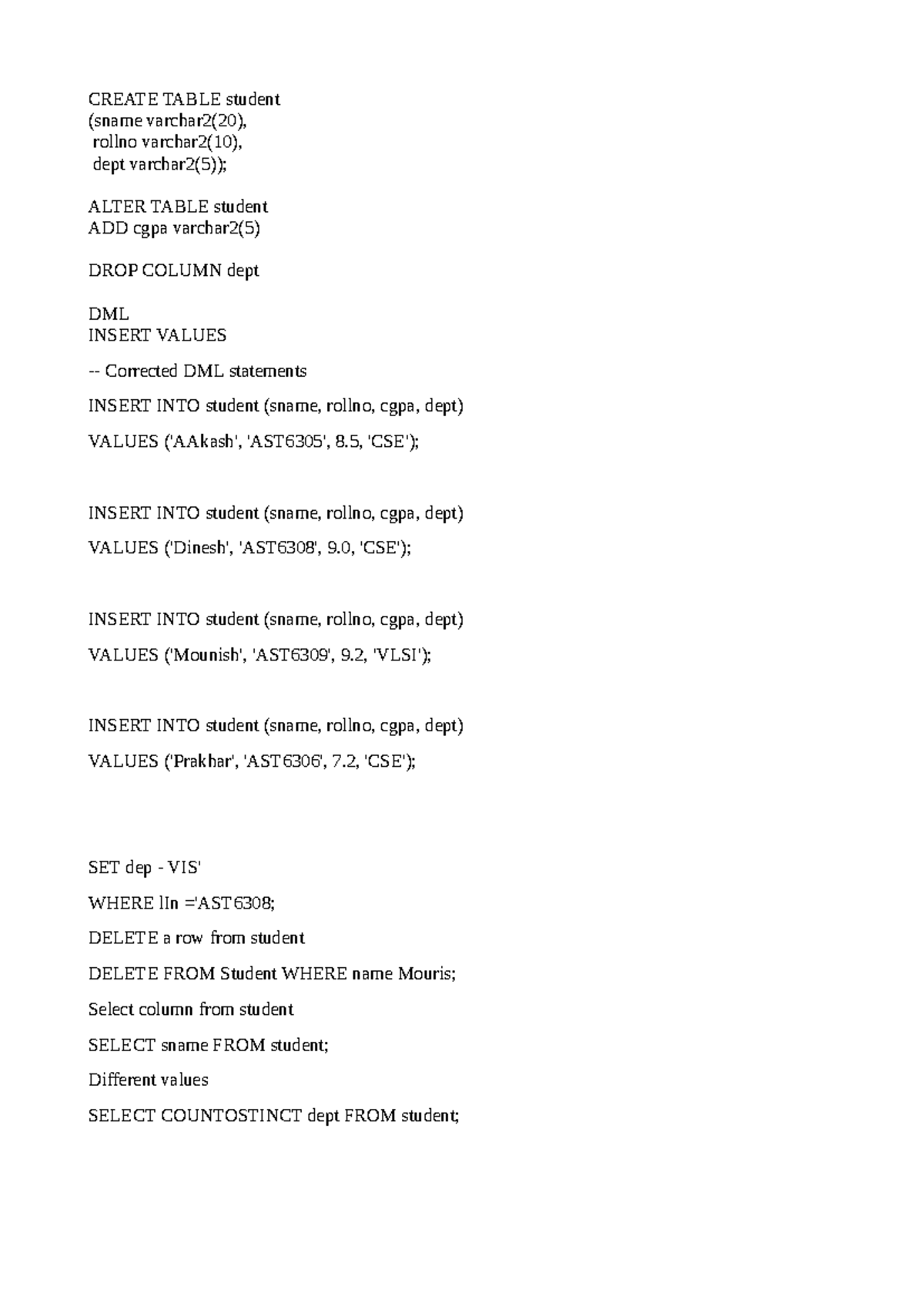 2394dbms1 - dbms - CREATE TABLE student (sname varchar2(20), rollno ...