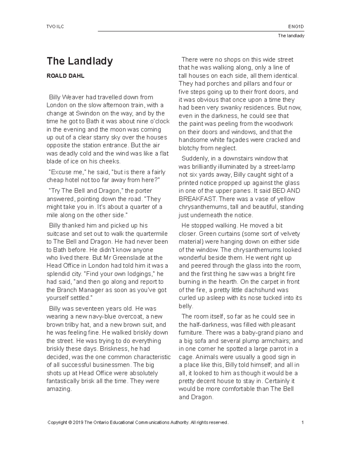 The Landlady - Story for English course - ENG4U-02 - Yorku - Studocu