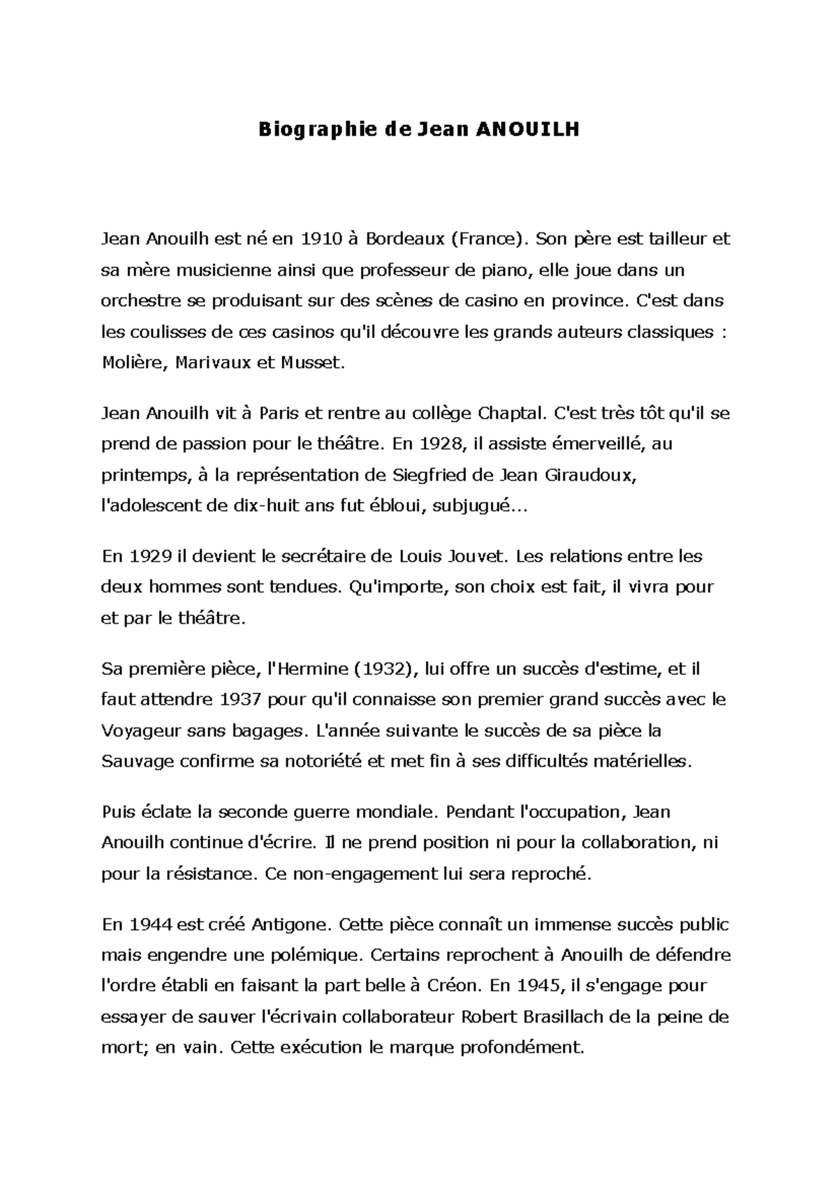 Biographie + Fiche de lecture Antigone - Biographie de Jean ANOUILH ...