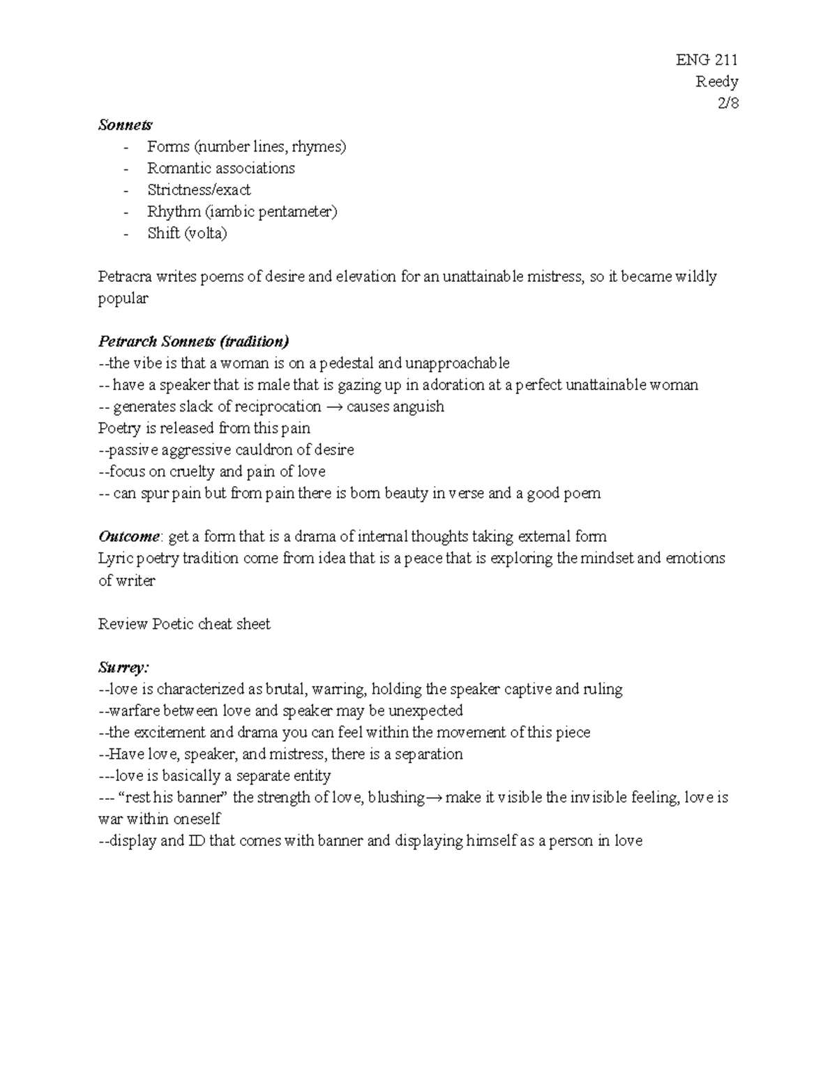 (2 8) sonnet and petrarch notes - ENG 211 Reedy 2/ Sonnets Forms ...