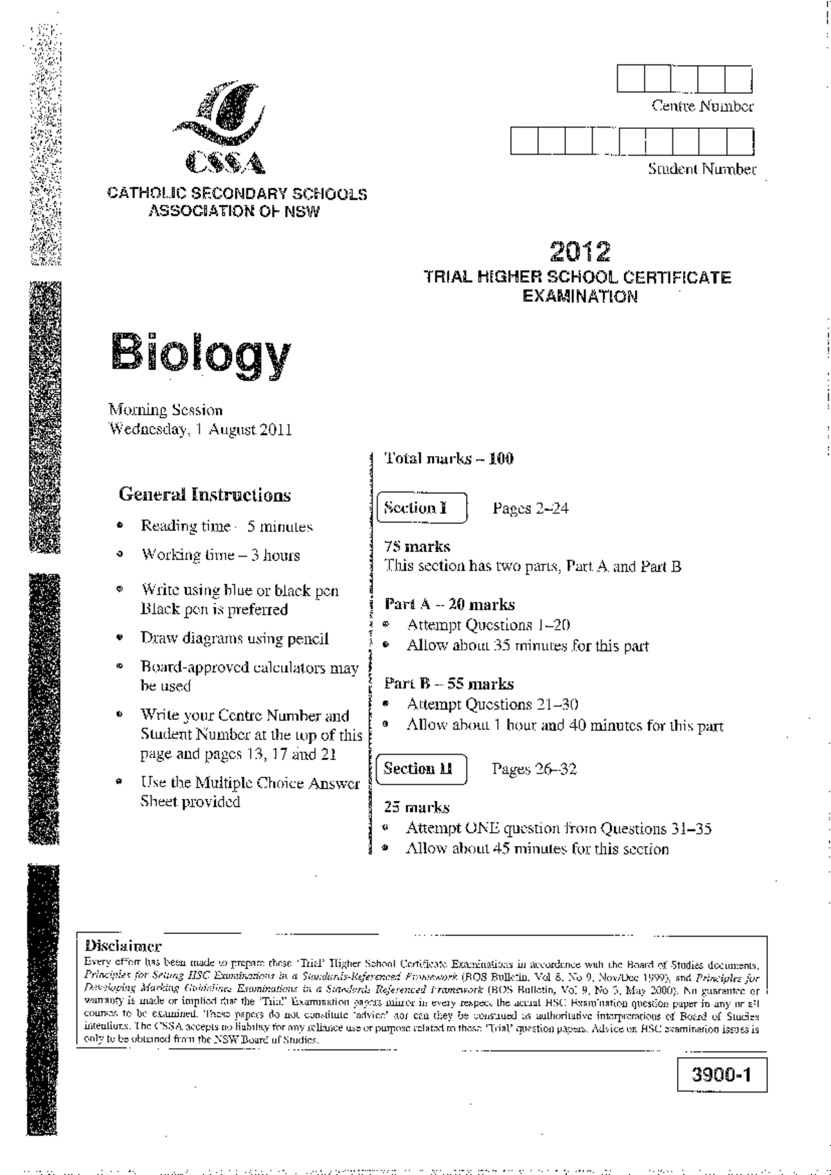 2012 Biology Catholic Trial with markscheme - Studocu