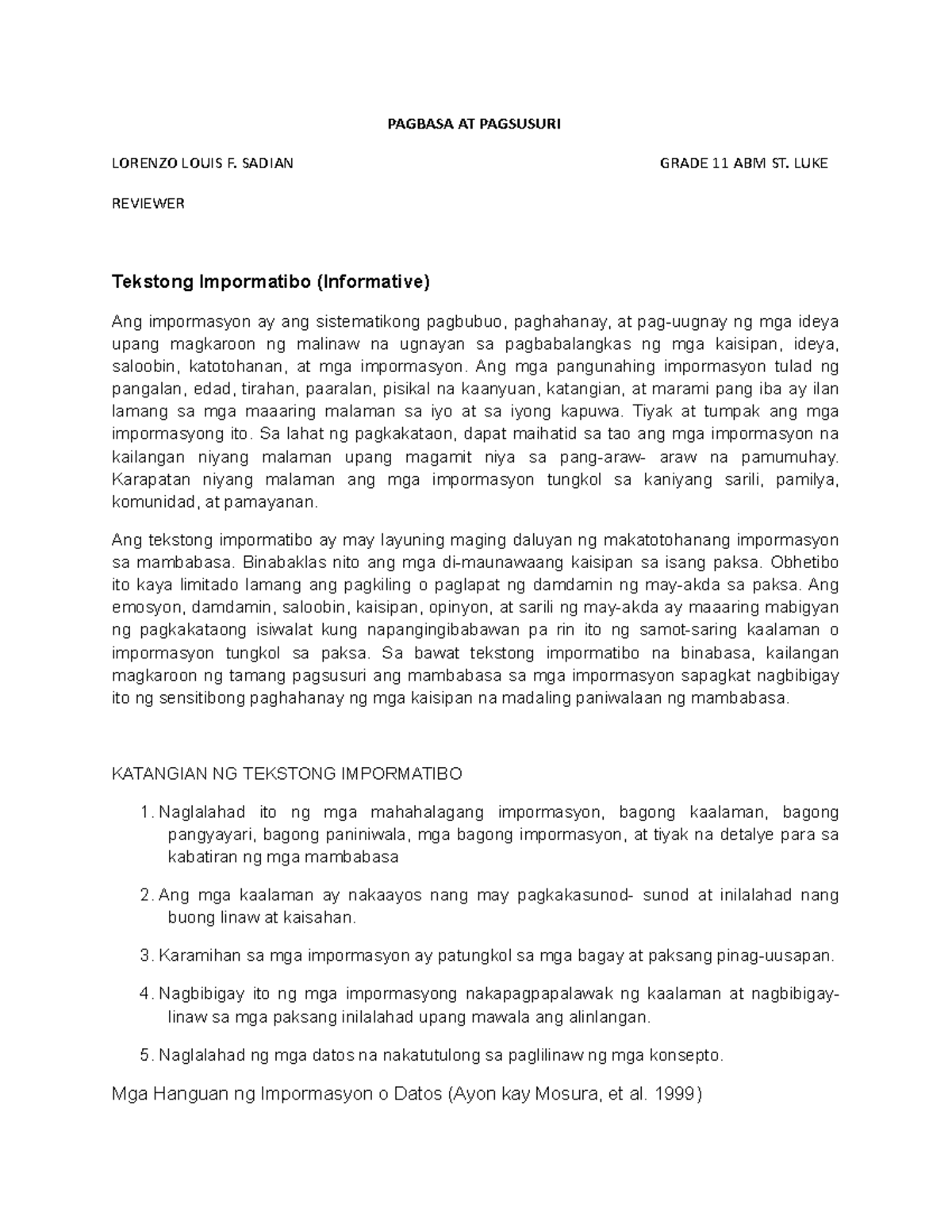 Pagbasa AT Pagsusuri - PAGBASA AT PAGSUSURI LORENZO LOUIS F. SADIAN ...