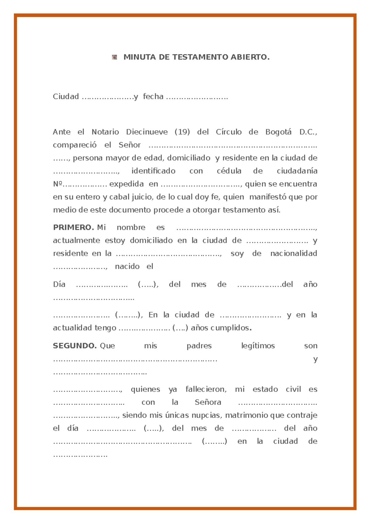 Minuta DE Testamento Abierto - MINUTA DE TESTAMENTO ABIERTO. Ciudad ...