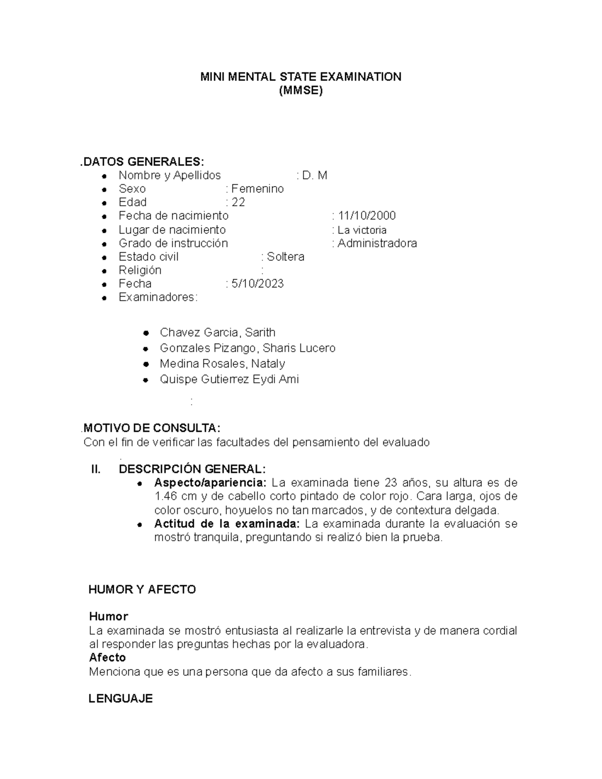 MINI Mental State Examination - MINI MENTAL STATE EXAMINATION (MMSE ...