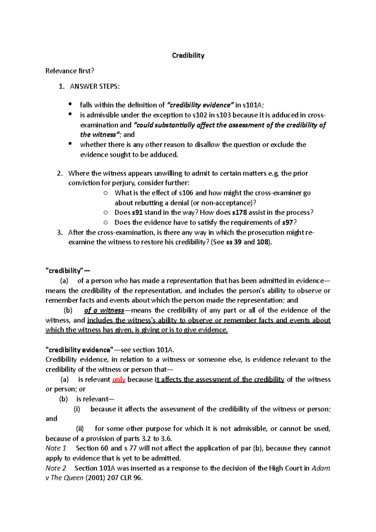 Credibility evidence summary note semester 1 2020 - 7228 - UC - Studocu