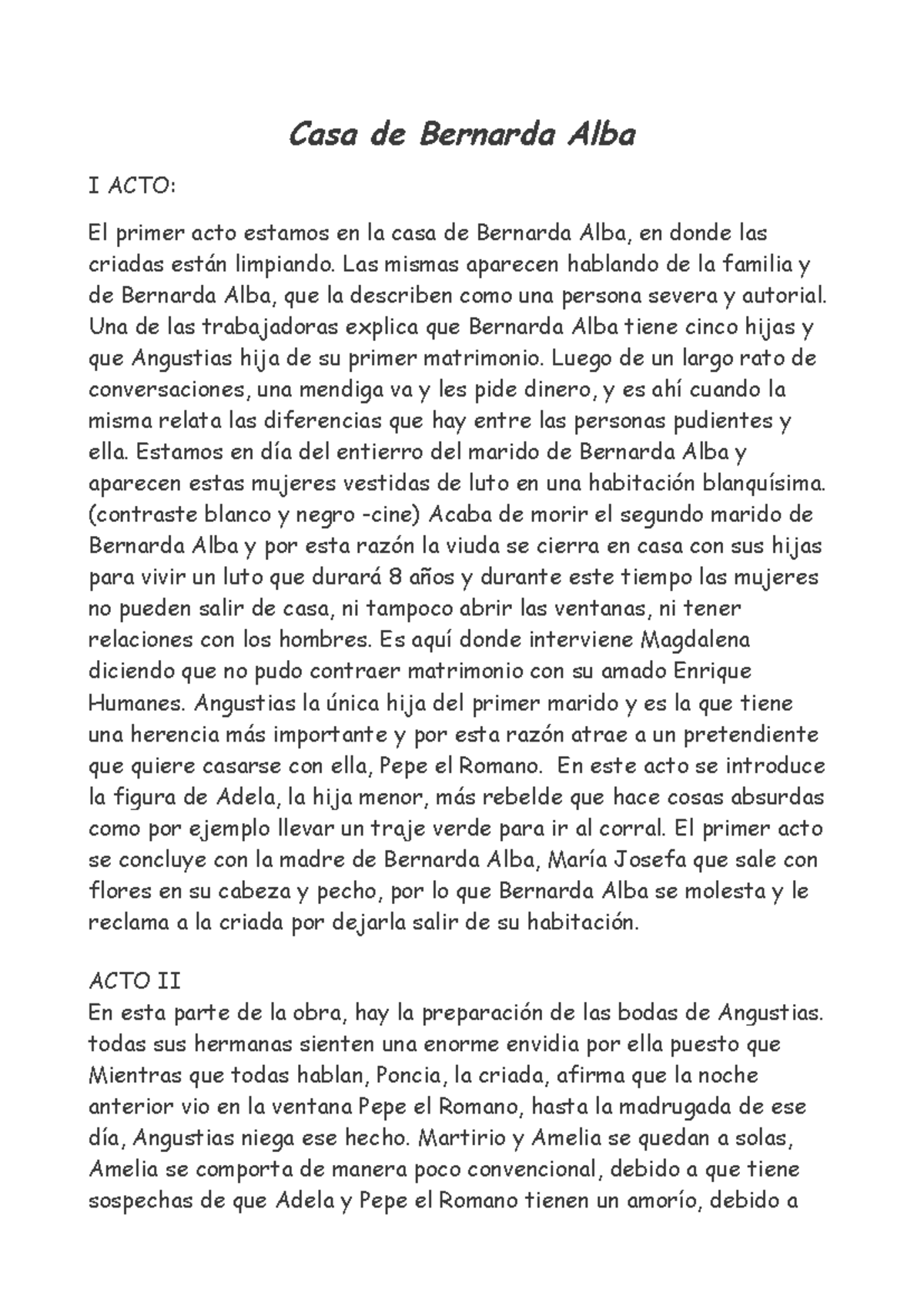 La casa de Bernarda Alba resumen - Casa de Bernarda Alba I ACTO: El ...