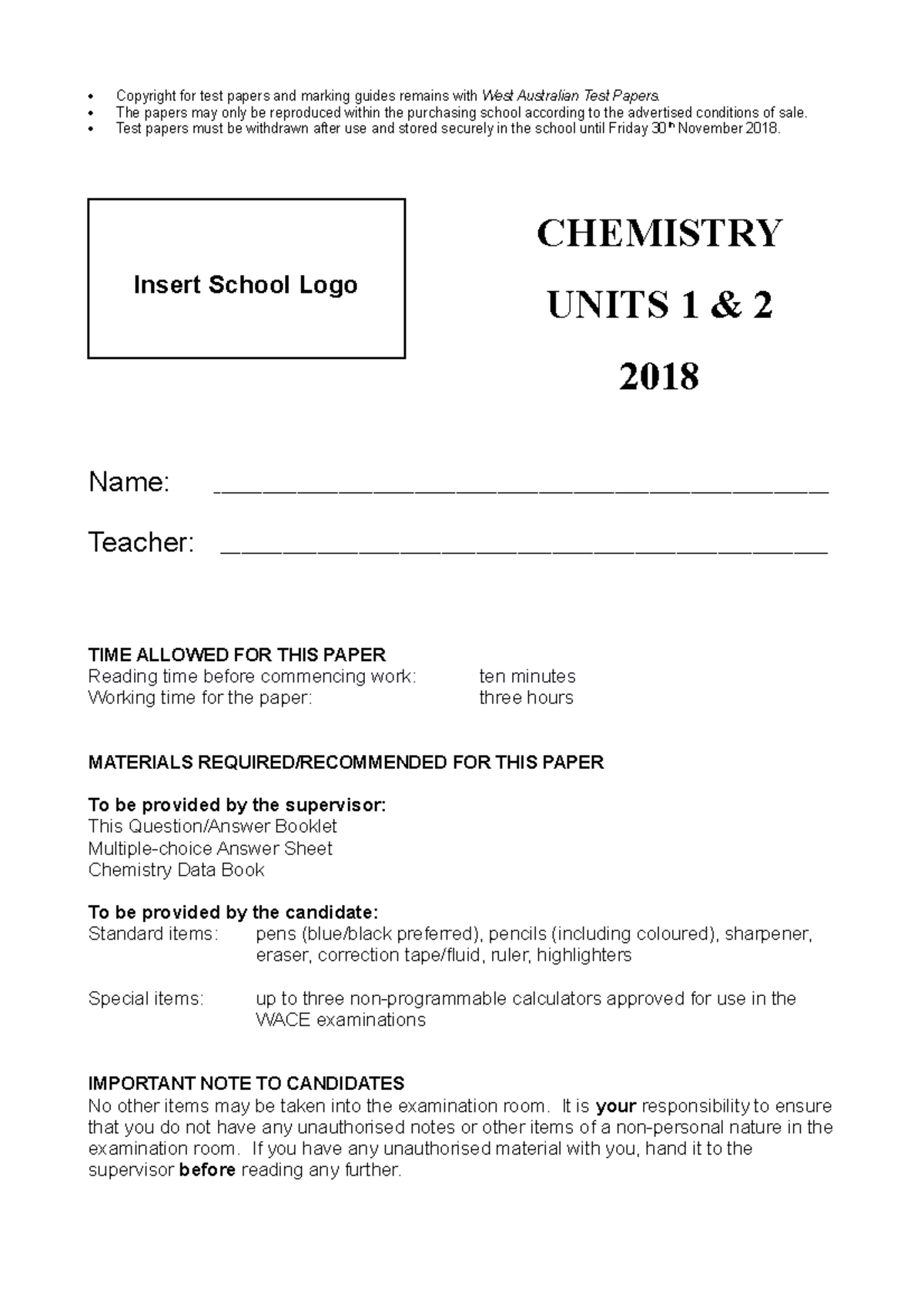 2018 chemistry units 1 2 exam - Copyright for test papers and marking ...