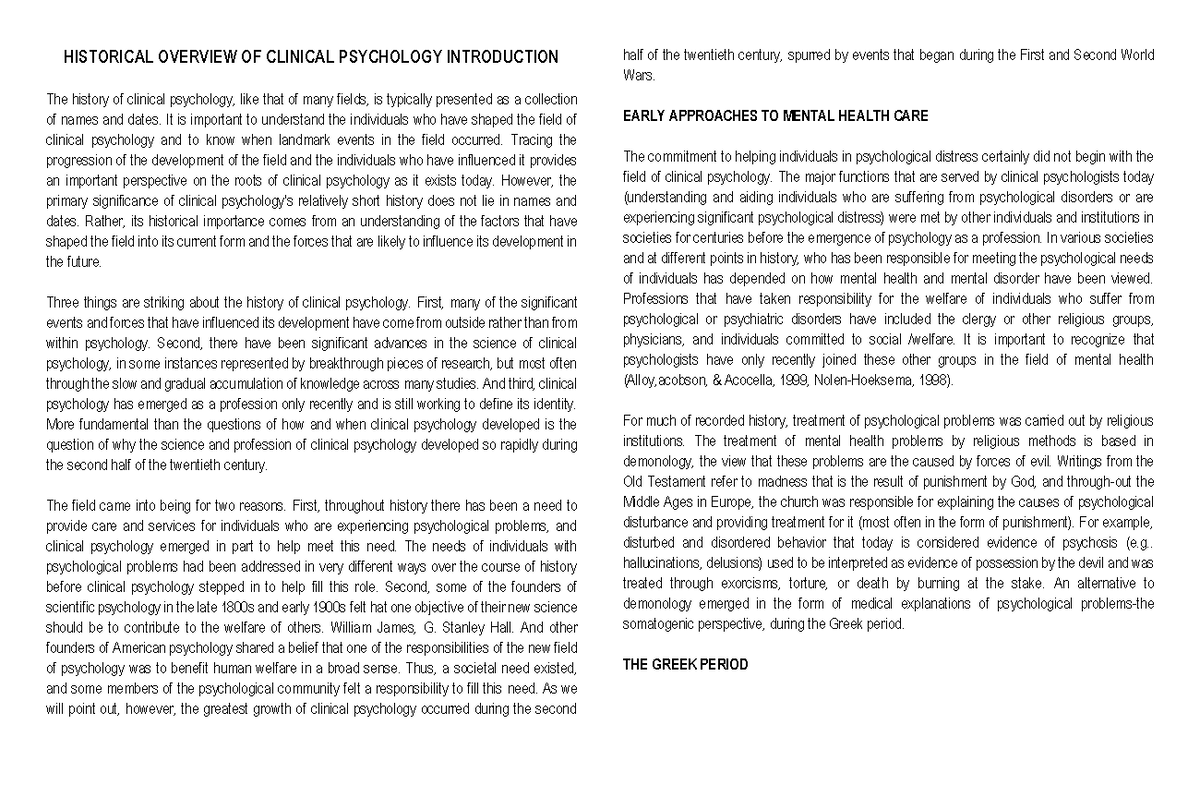 Historical Overview OF Clinical Psychology Introduction - HISTORICAL ...