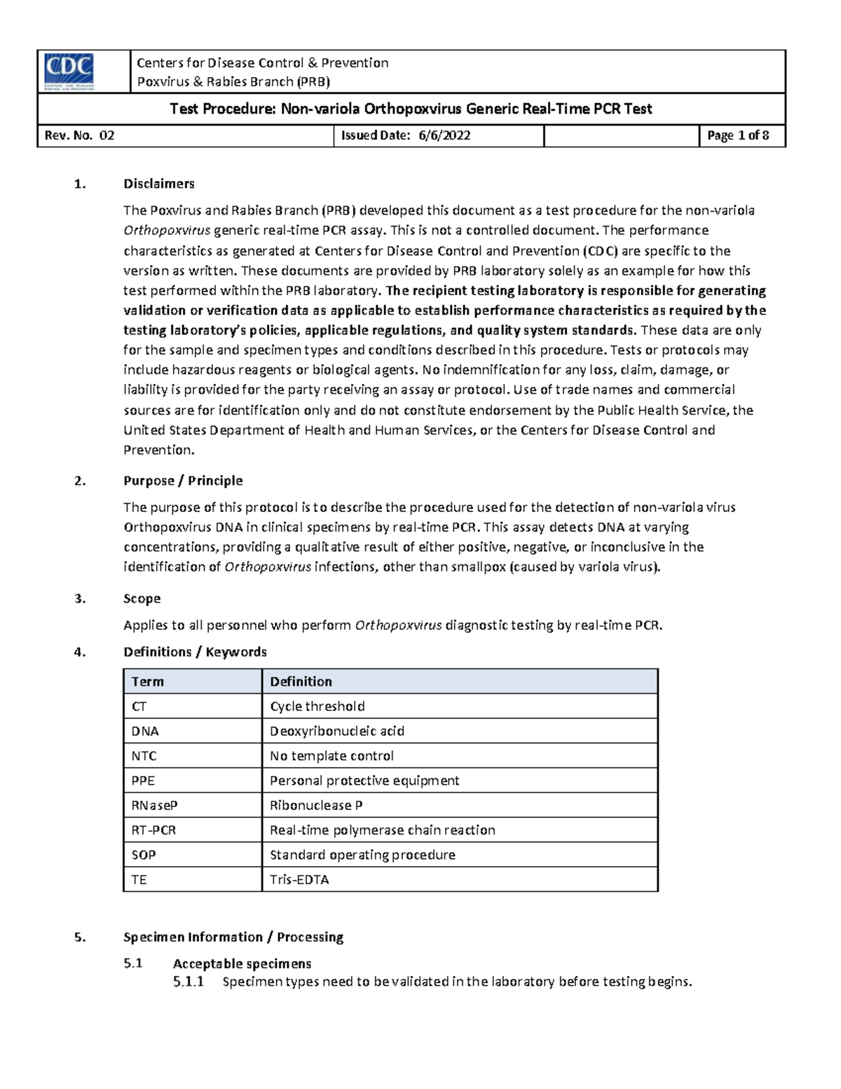 Non variola Orthopoxvirus Generic Real Time PCR Test - No. 02 Issued ...