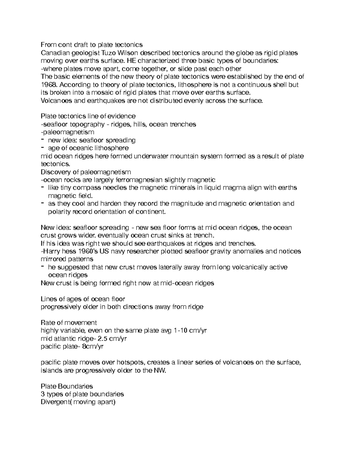Esc 1000 9/15, 20, 22 notes pdf - From cont draft to plate tectonics ...