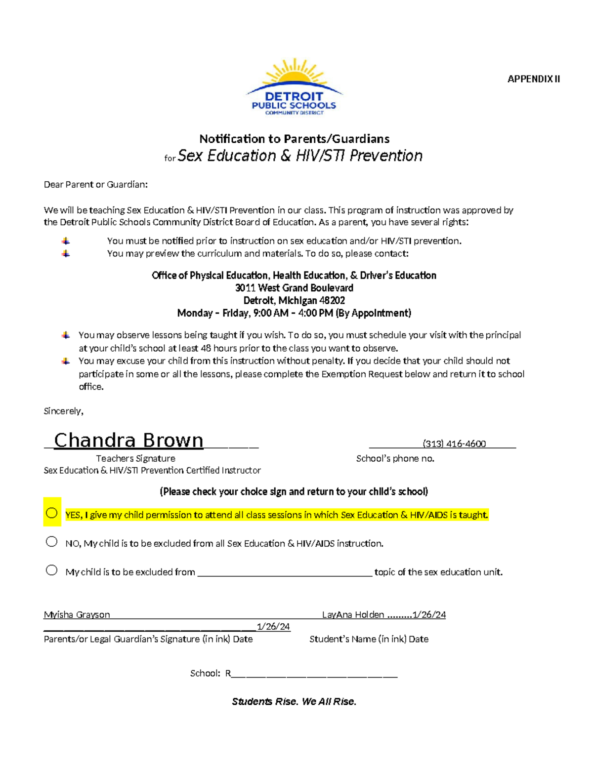 Health Sex Education Participation Sheet signed - Notification to ...