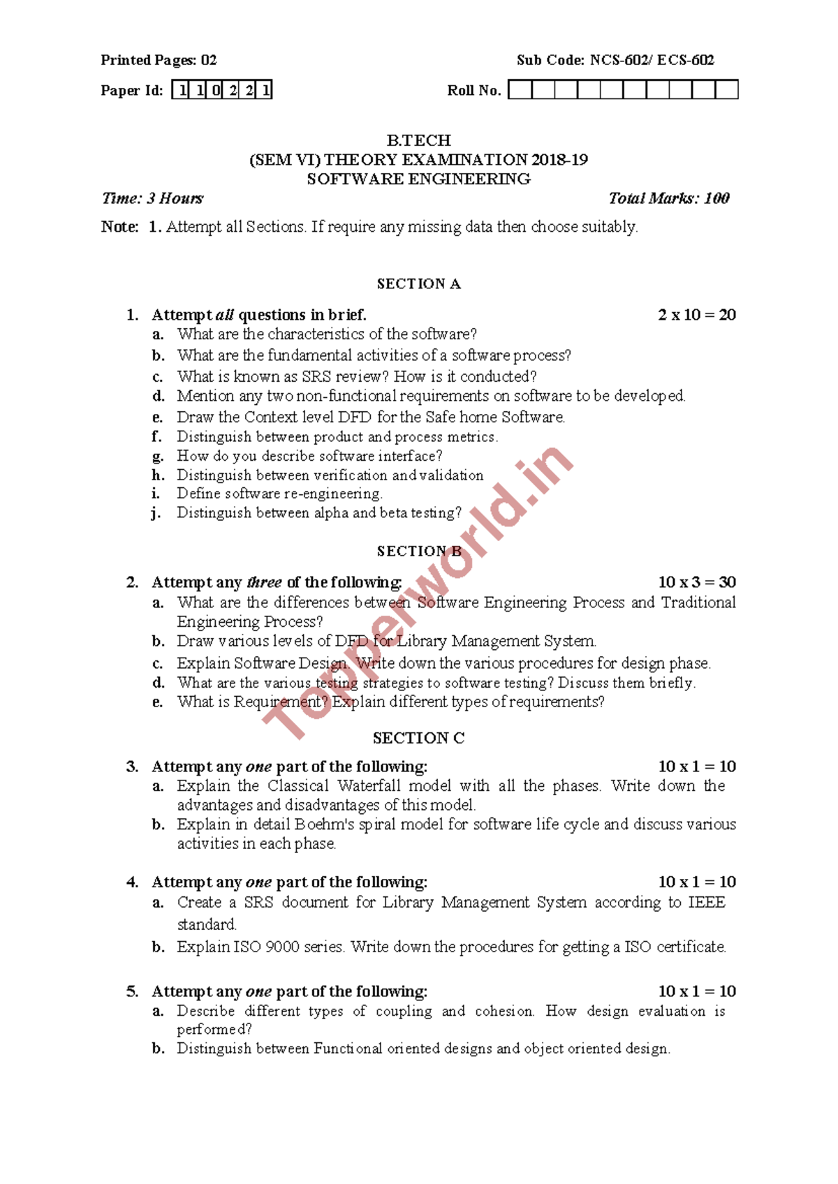 Software Engineering 2019 AKTU CSE - Printed Pages: 02 Sub Code: NCS-602/ ECS- Paper Id: 1 1 0 2 ...