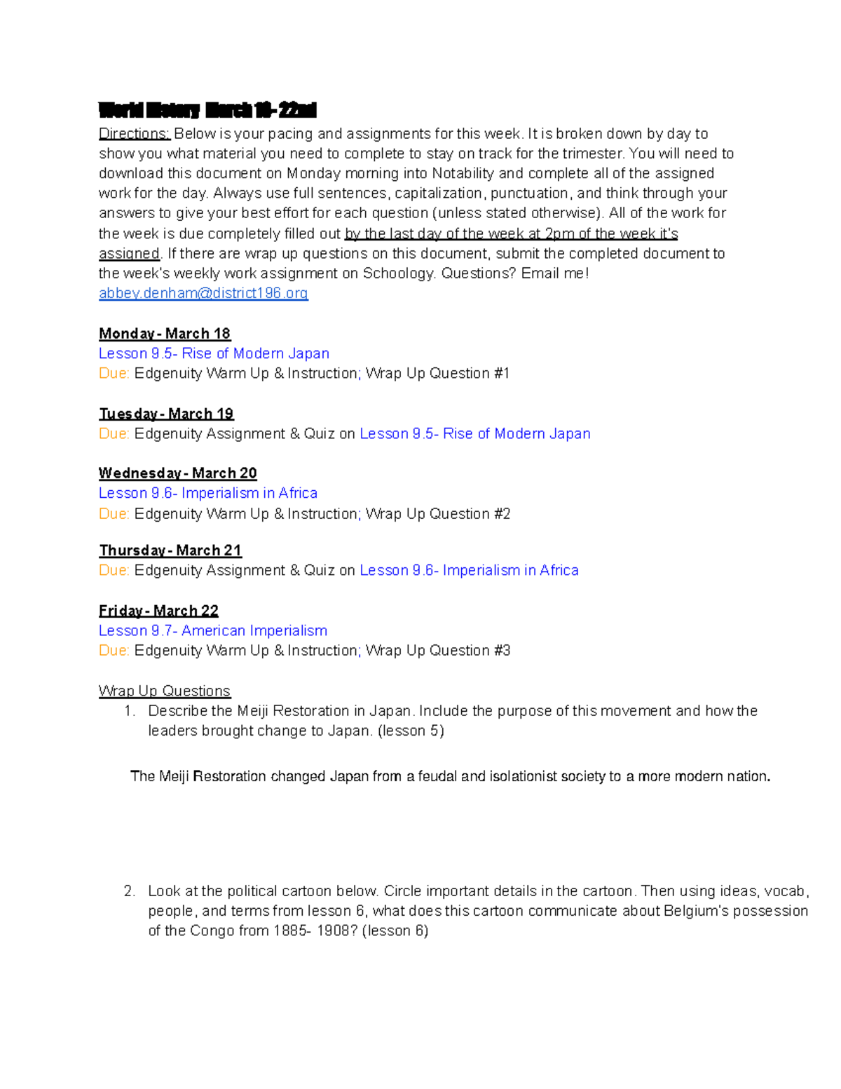 World Unit 9- Week 2 - World History March 18- 22nd Directions: Below ...