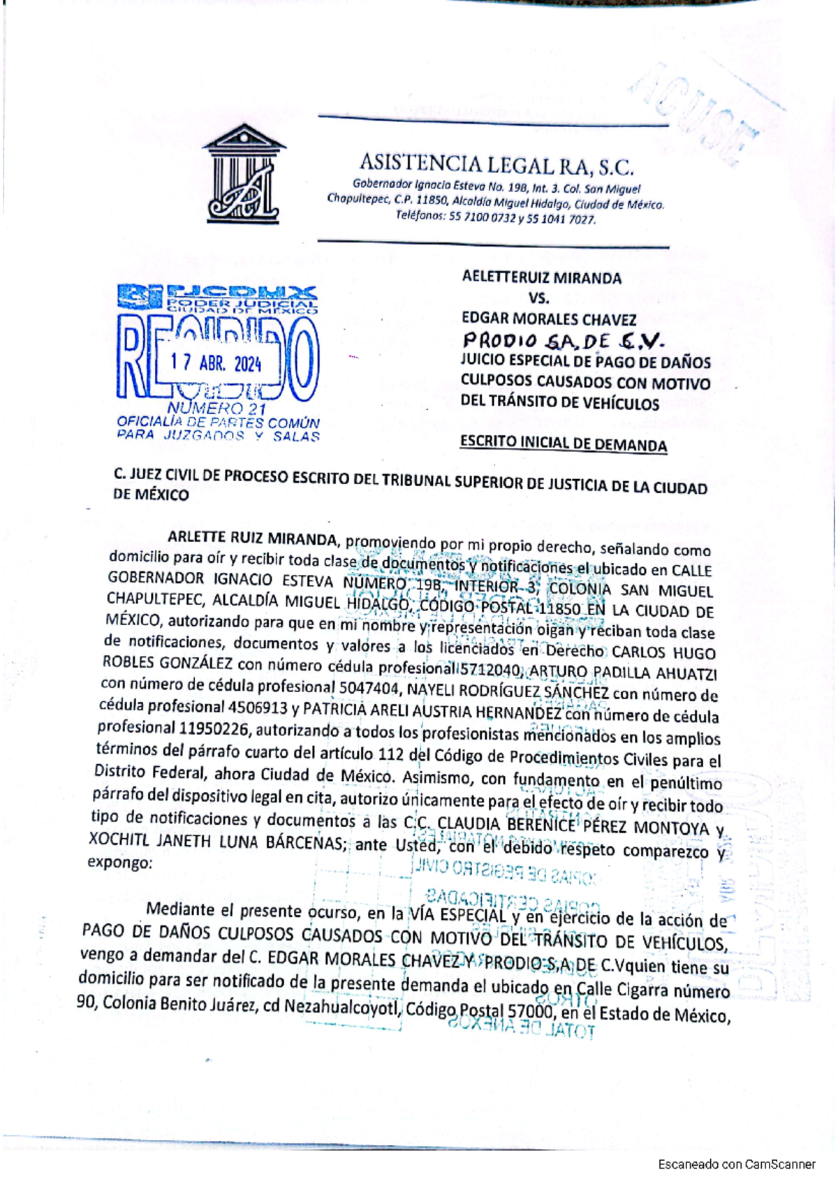 Demanda y acuse sin 0152624656 - Derecho civil - Studocu