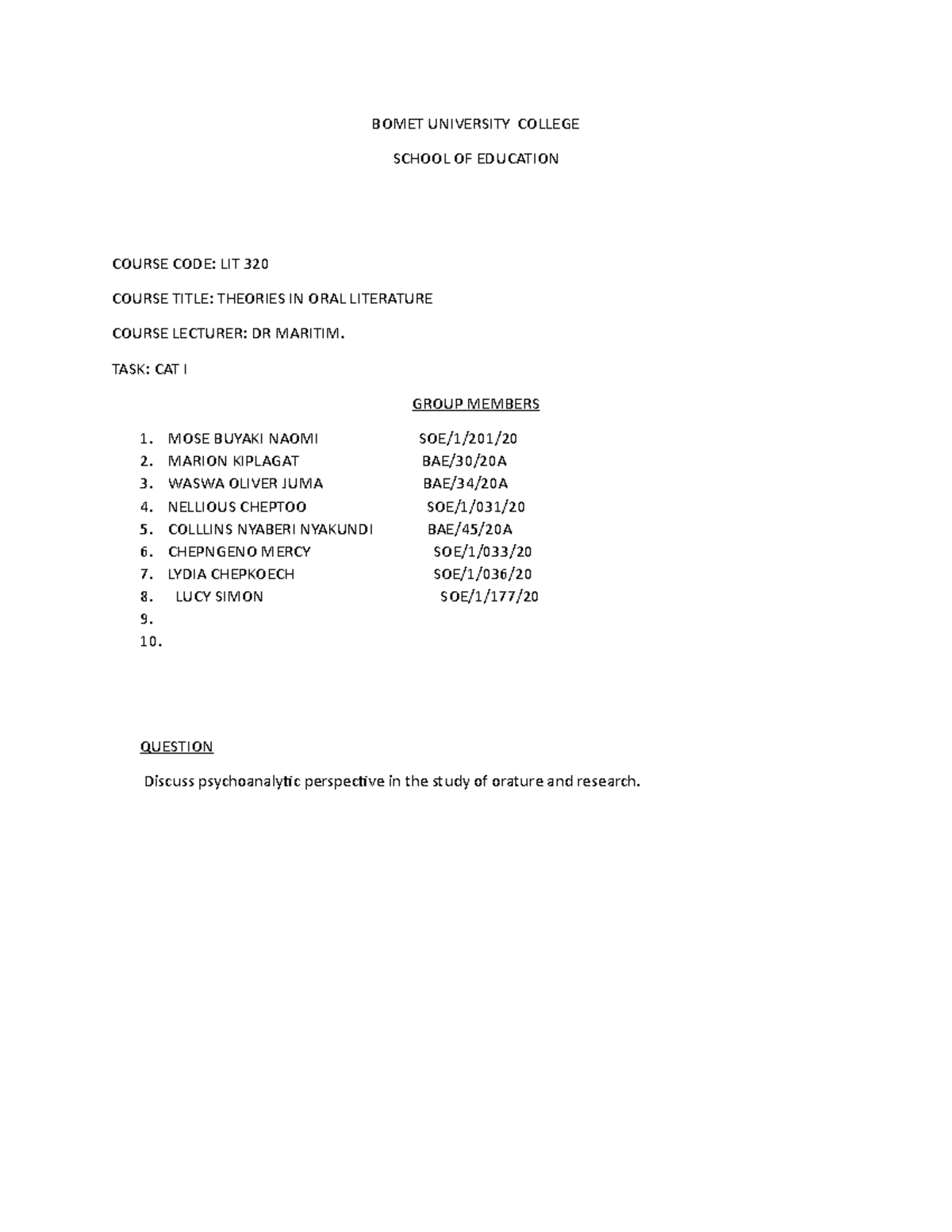 LIT 320 theories in oral literature - BOMET UNIVERSITY COLLEGE SCHOOL ...