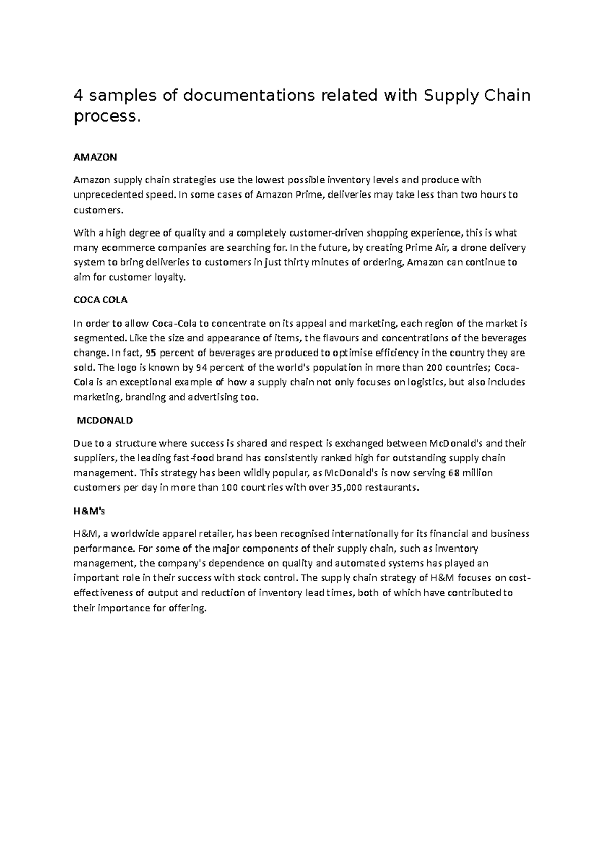 4 samples of documentations related with Supply Chain process - AMAZON ...