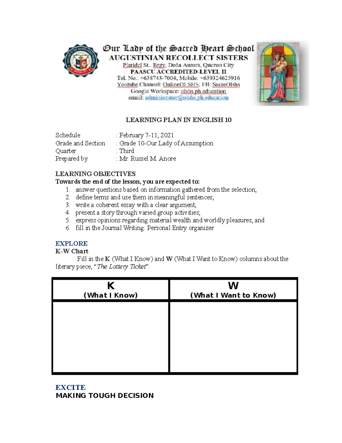 Learning PLAN IN English 10 - LEARNING PLAN IN ENGLISH 10 Schedule ...
