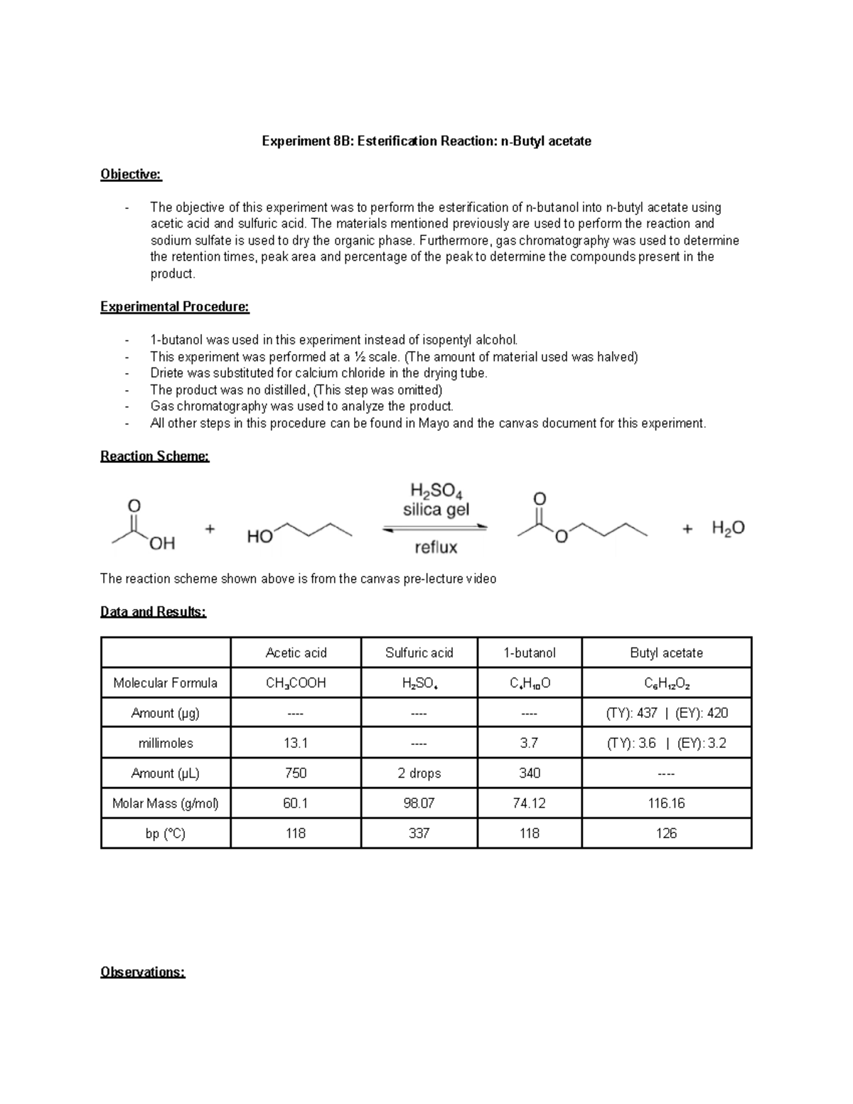 Organic Chemistry 2 Lab 7 - Experiment 8B: Esterification Reaction: n ...