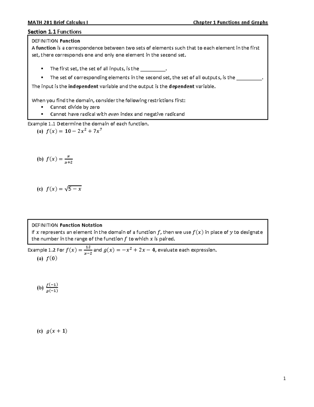Chapter 1 Guided Note - Functions and Graphs notes - MATH 201 Brief ...