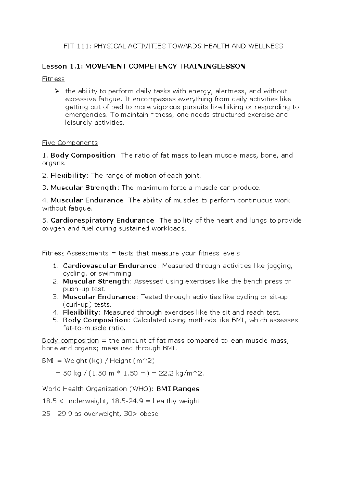 FIT 111: Lesson 1, 2, 3 Notes - FIT 111: PHYSICAL ACTIVITIES TOWARDS ...