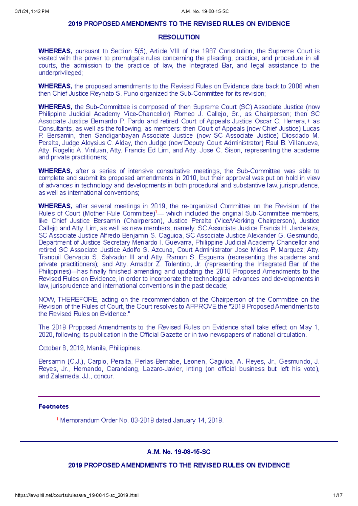 Revised Rules on Evidence - Puno organized the Sub-Committee for its ...