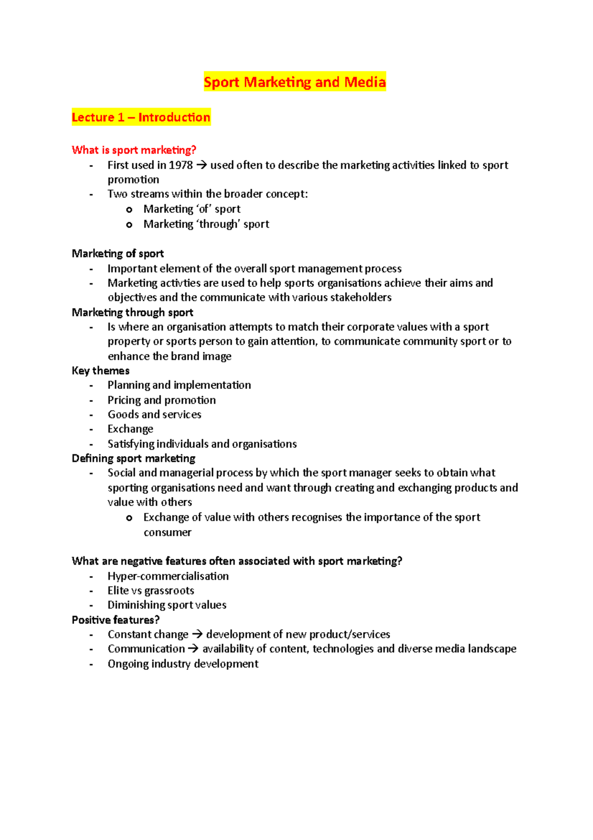 Sport Marketing and Media notes - Sport Marketing and Media Lecture 1 ...