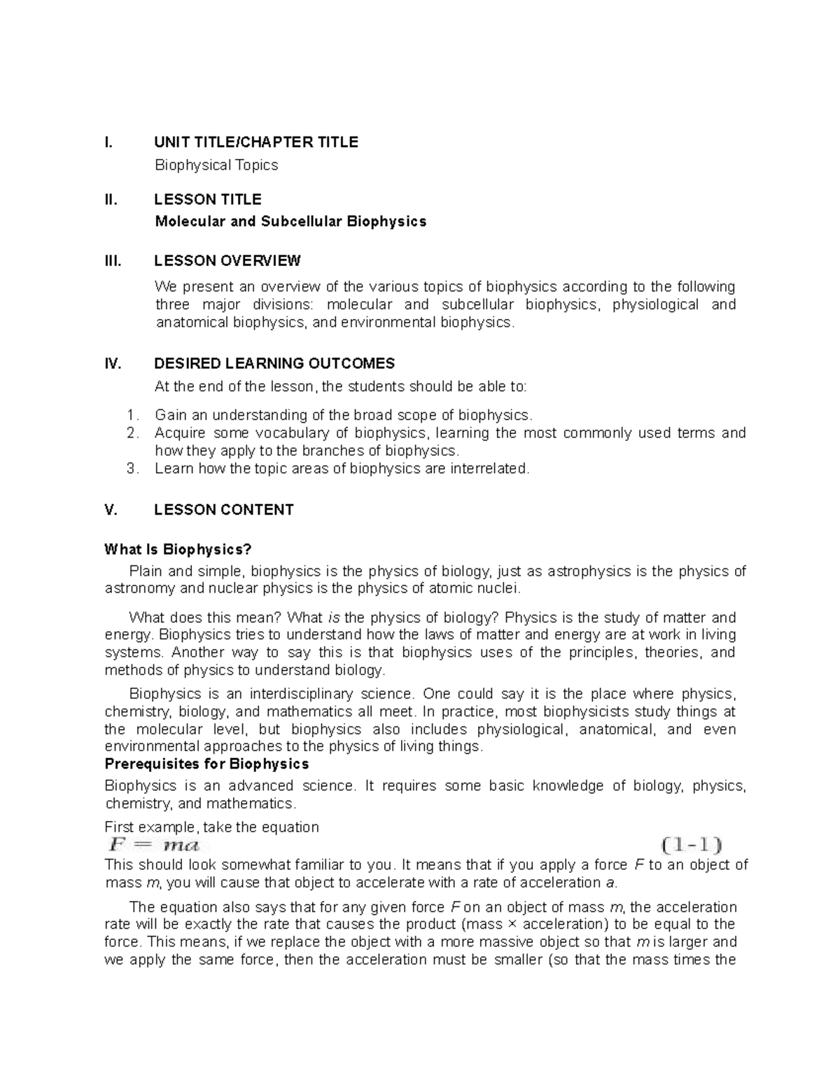 Biophysics-Module-2 - Complete Module 2 of Biophysics - I. UNIT TITLE ...
