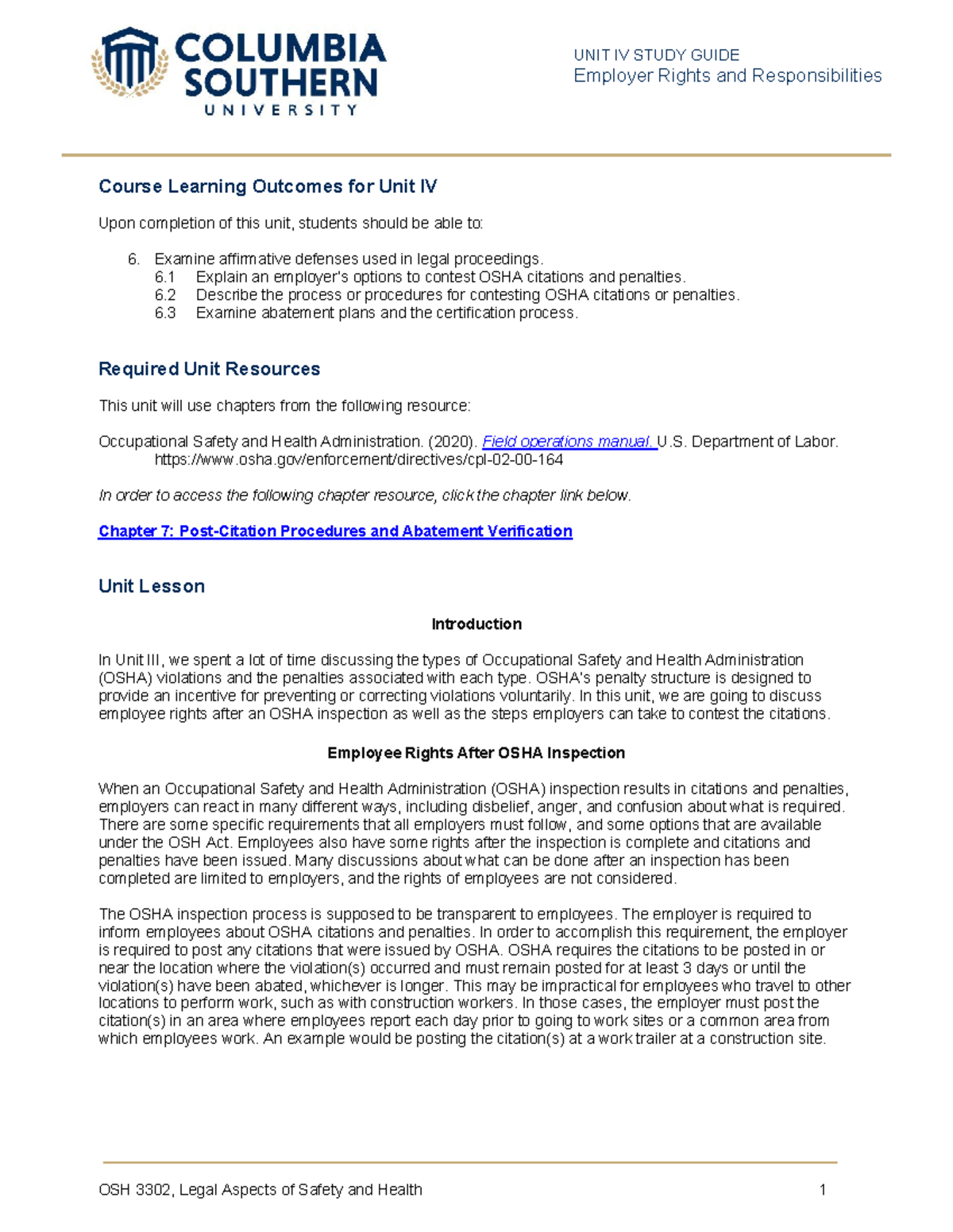OSH 3302 Unit IV Studey Guide - Course Learning Outcomes for Unit IV ...