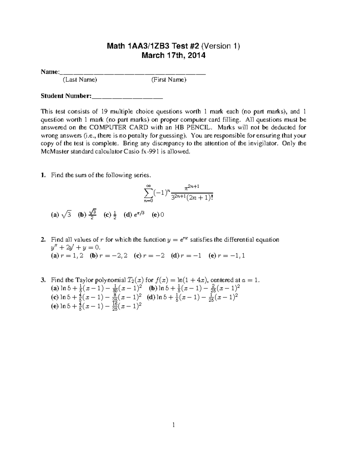 Test 2 February 2014, answers - Math 1AA3/1ZB3 Test #2 (Version 1 ...