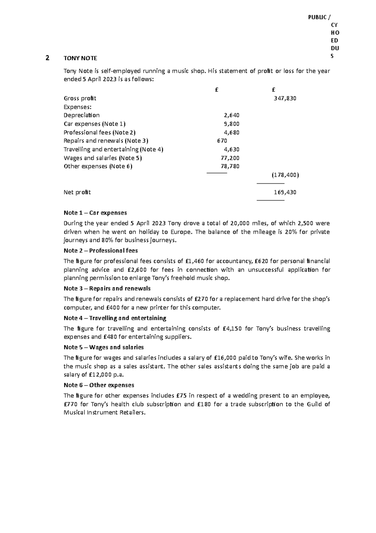 tony note question - 2 TONY NOTE Tony Note is self-employed running a ...