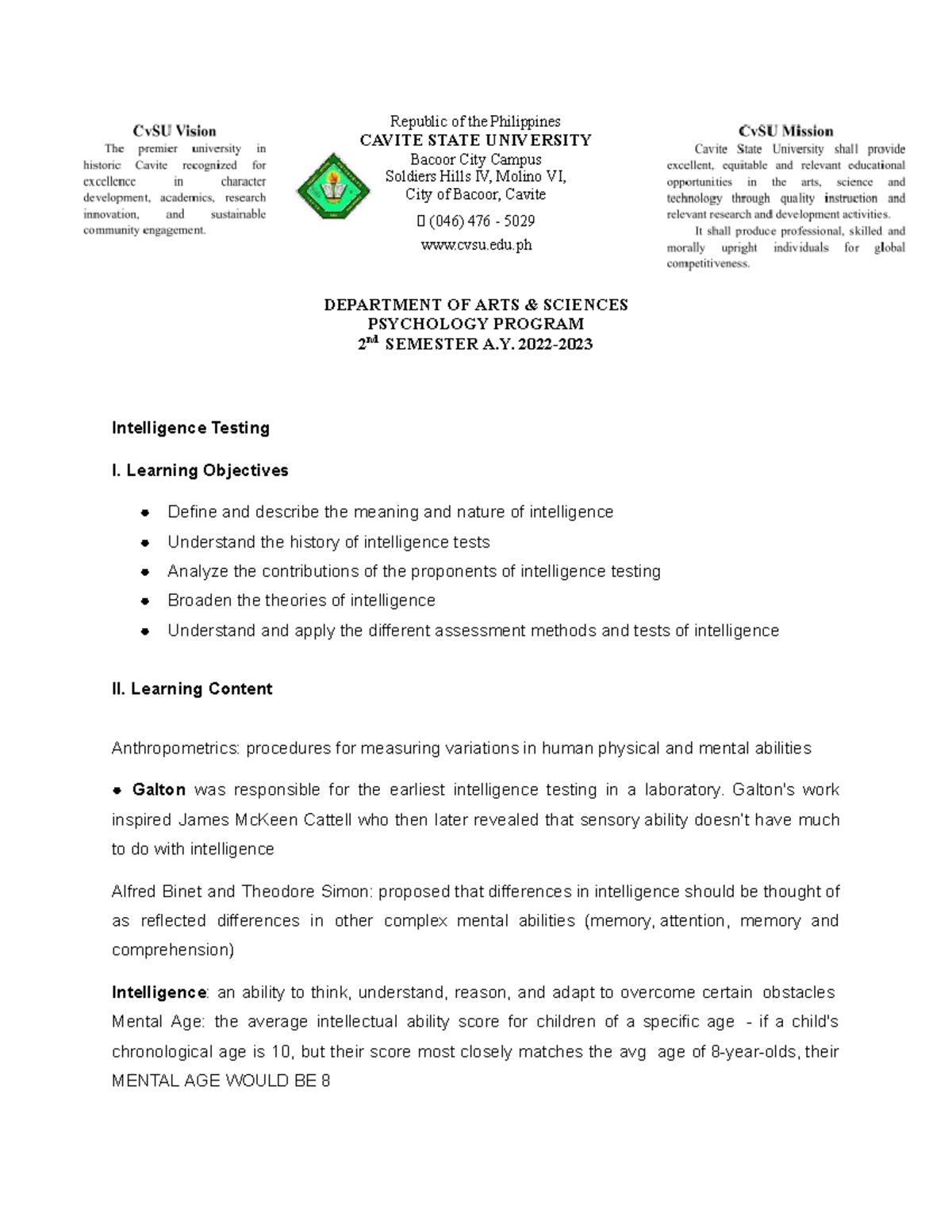 Module -Intelligence-Testing - Republic of the Philippines CAVITE STATE ...