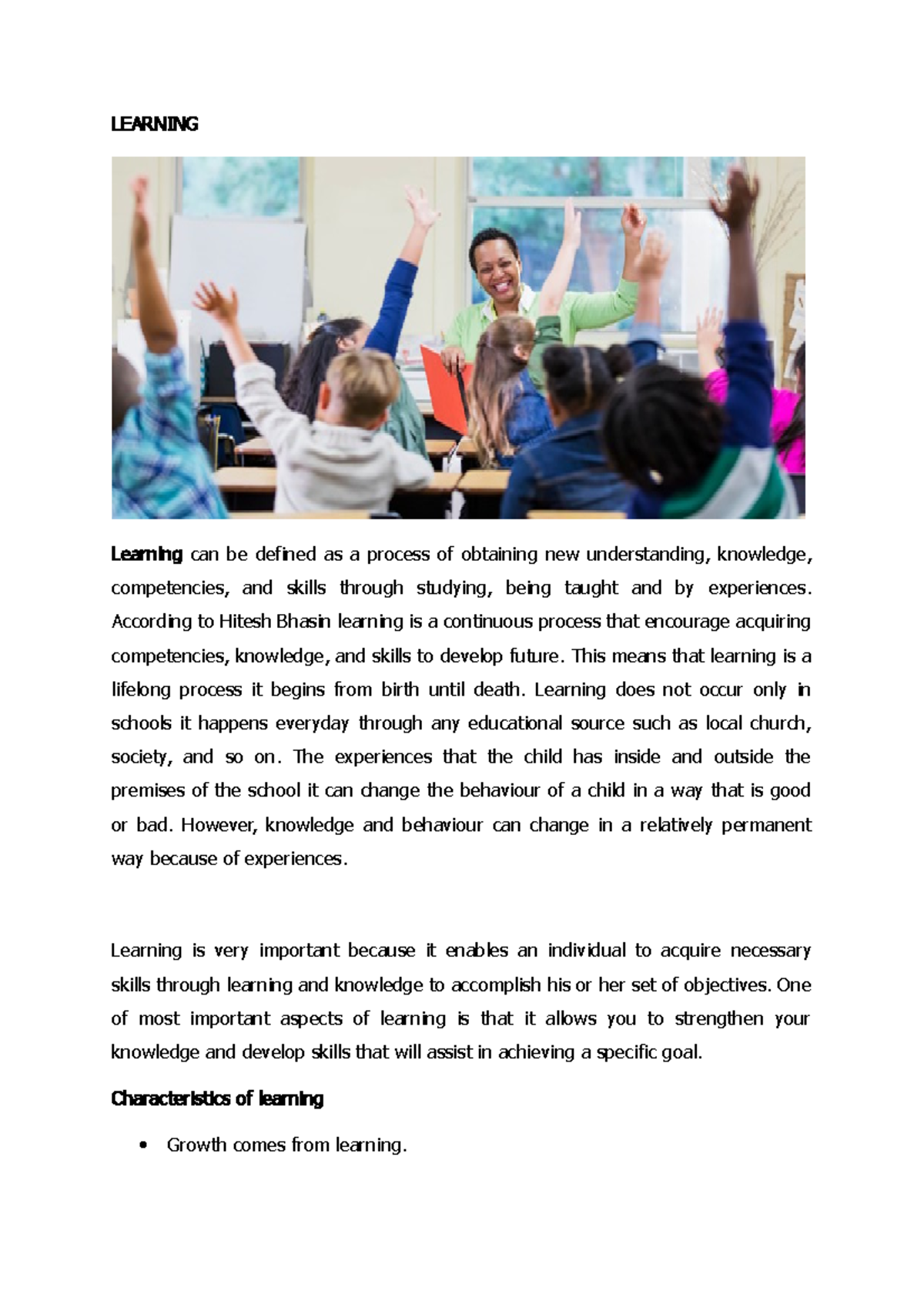 Learning - LEARNING Learning can be defined as a process of obtaining ...