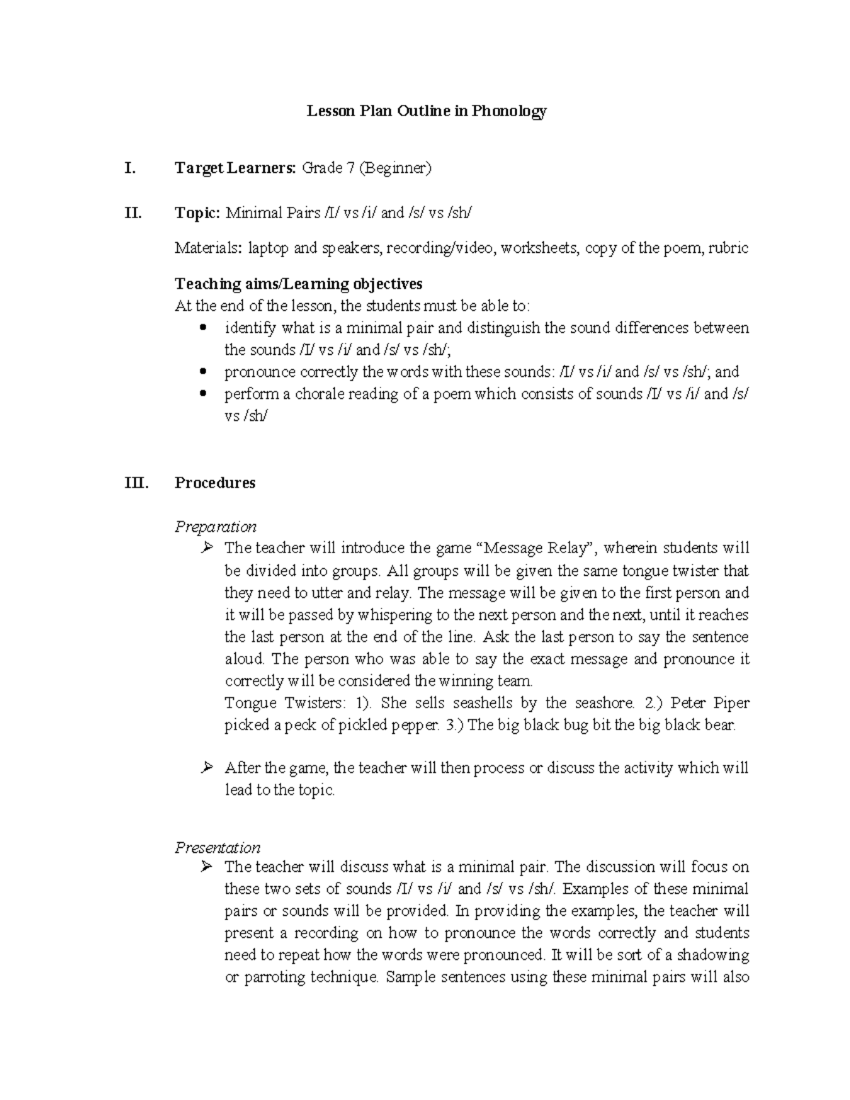 Final Lesson Plan in phono - Lesson Plan Outline in Phonology I. Target ...
