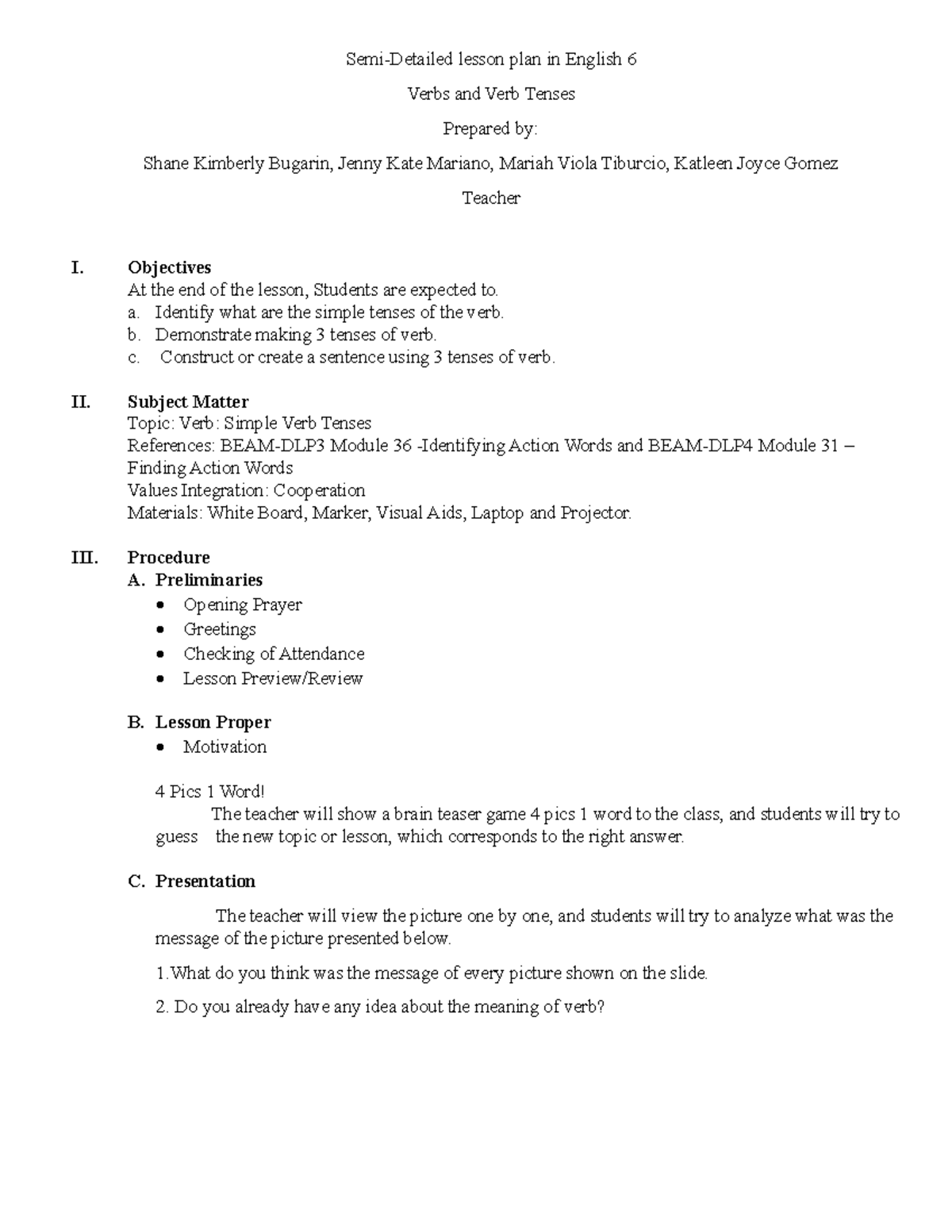 SDLP-ENG-6 - Azjx - Semi-Detailed lesson plan in English 6 Verbs and ...