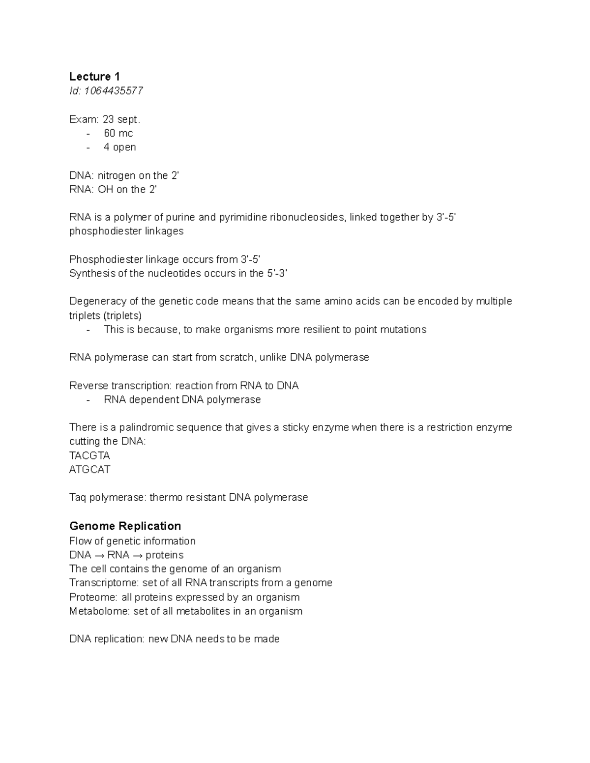 Molecular genetics summary lectures - Lecture 1 Id: 1064435577 Exam: 23 ...