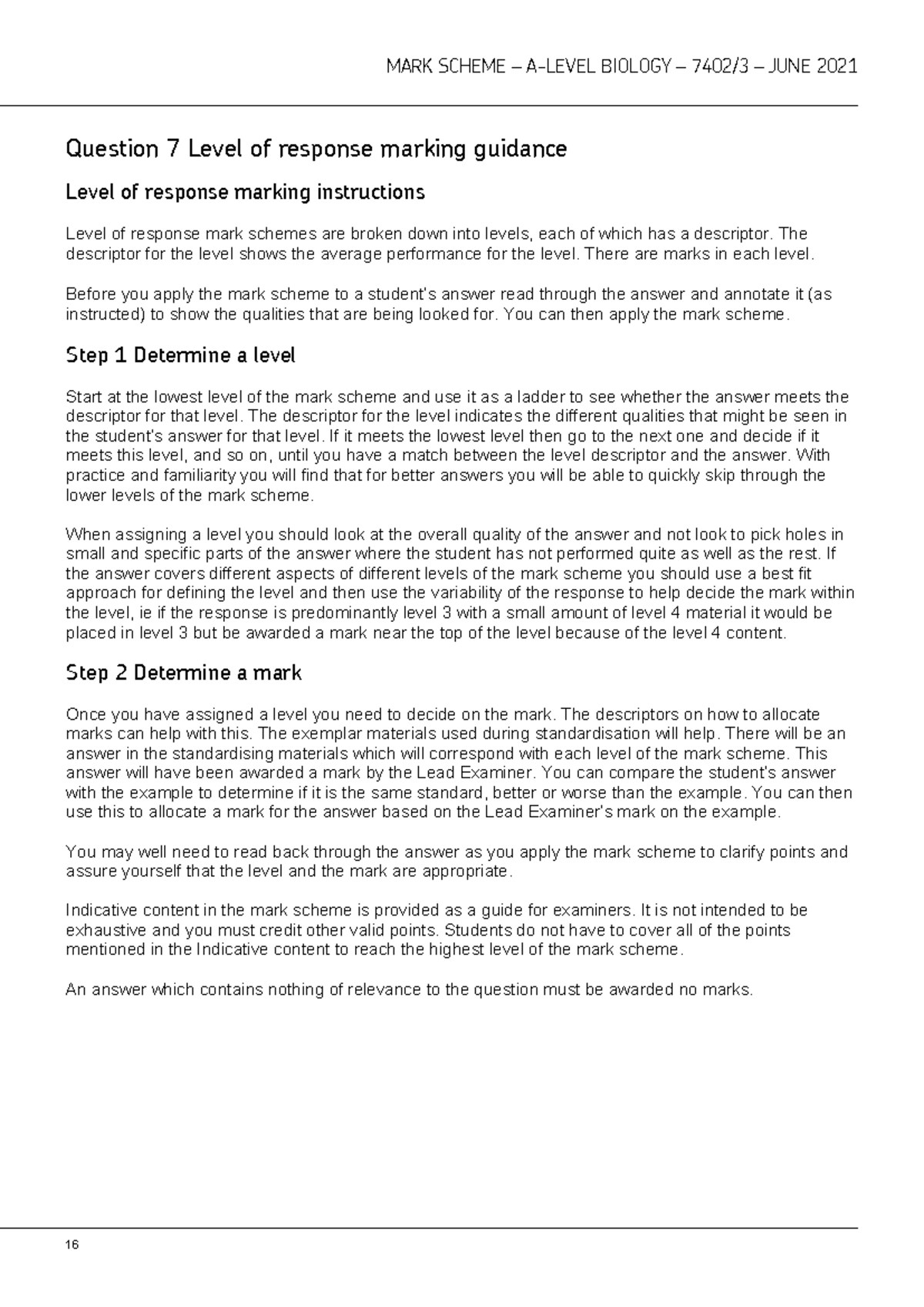 BIO AQA A P3 2021 Q7 MS - Question 7 Level of response marking guidance ...