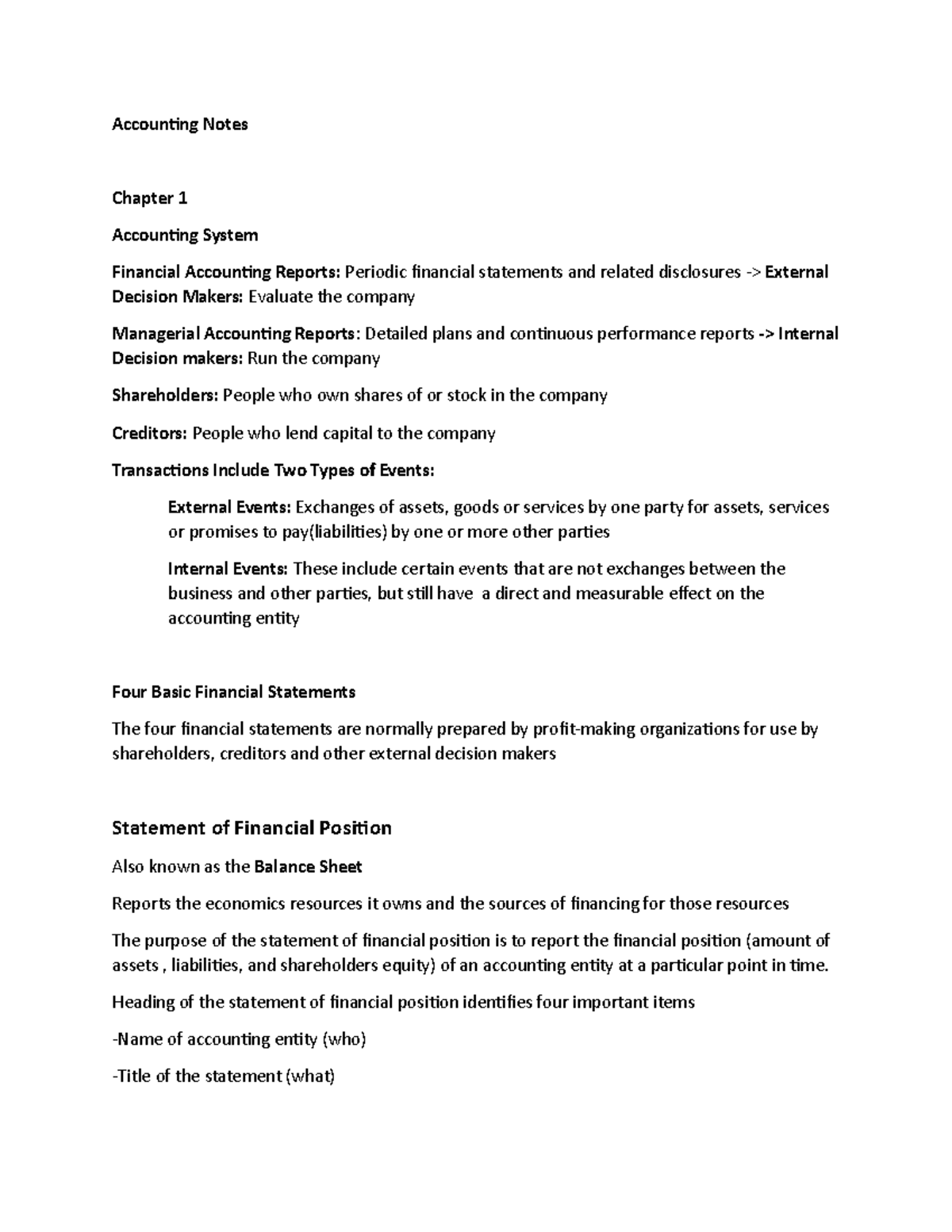 BU127 Chapter 1 - Accounting Notes Chapter 1 Accounting System ...